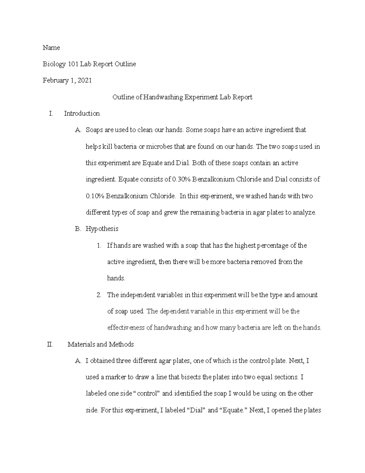 Biology 101 Lab Report: Handwashing Experiment Outline & Findings - Studocu