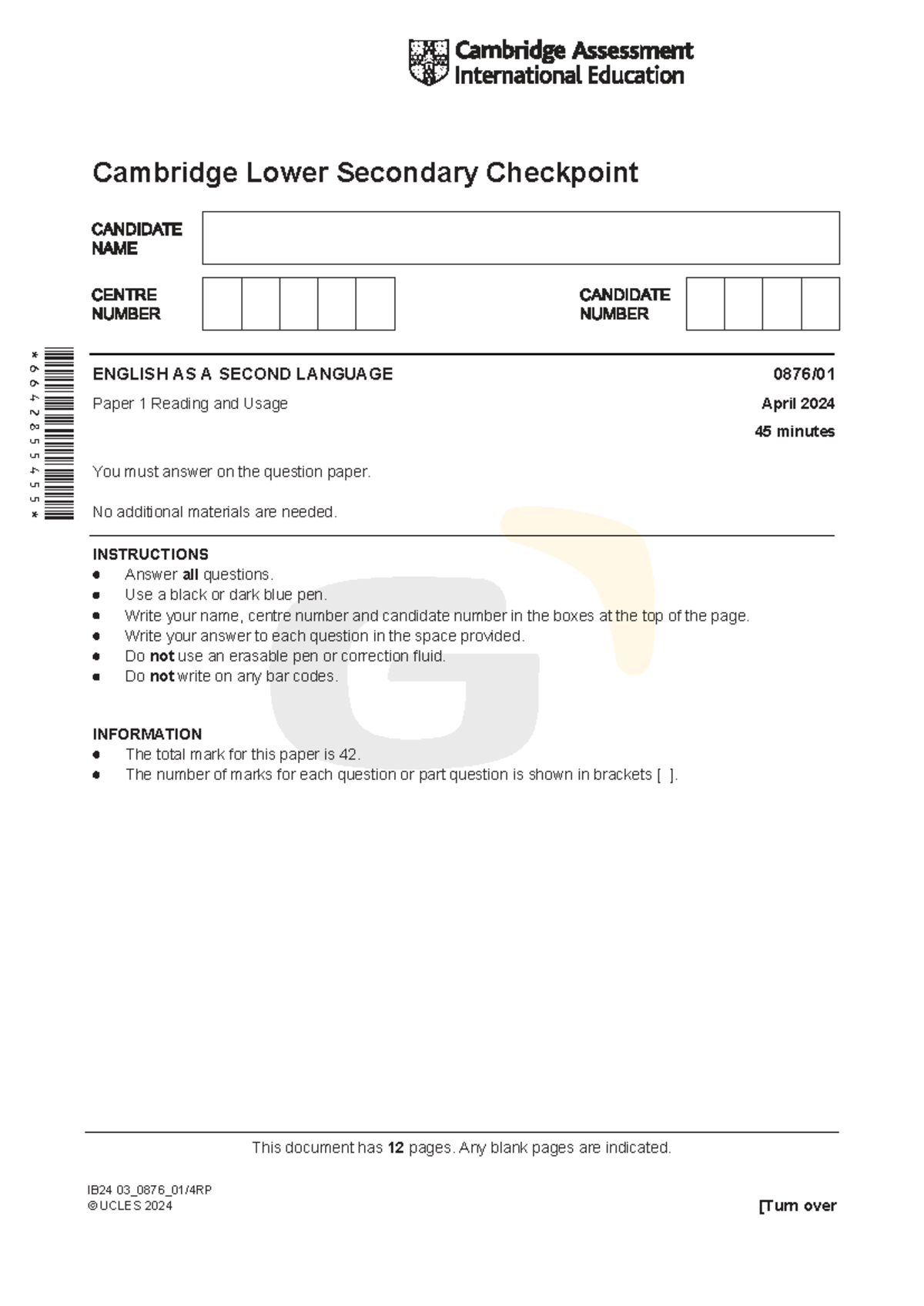 Cambridge Lower Secondary Checkpoint ESL Paper 1 Reading & Usage April ...