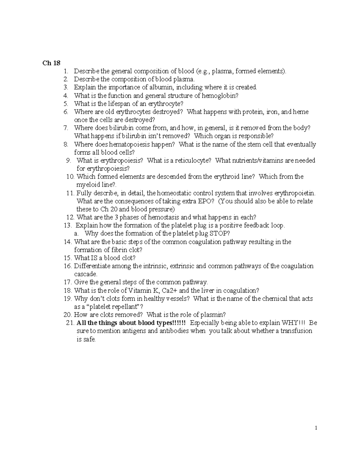 BIO 169 Study Questions: Blood Composition, Hemostasis, and Cardiac ...