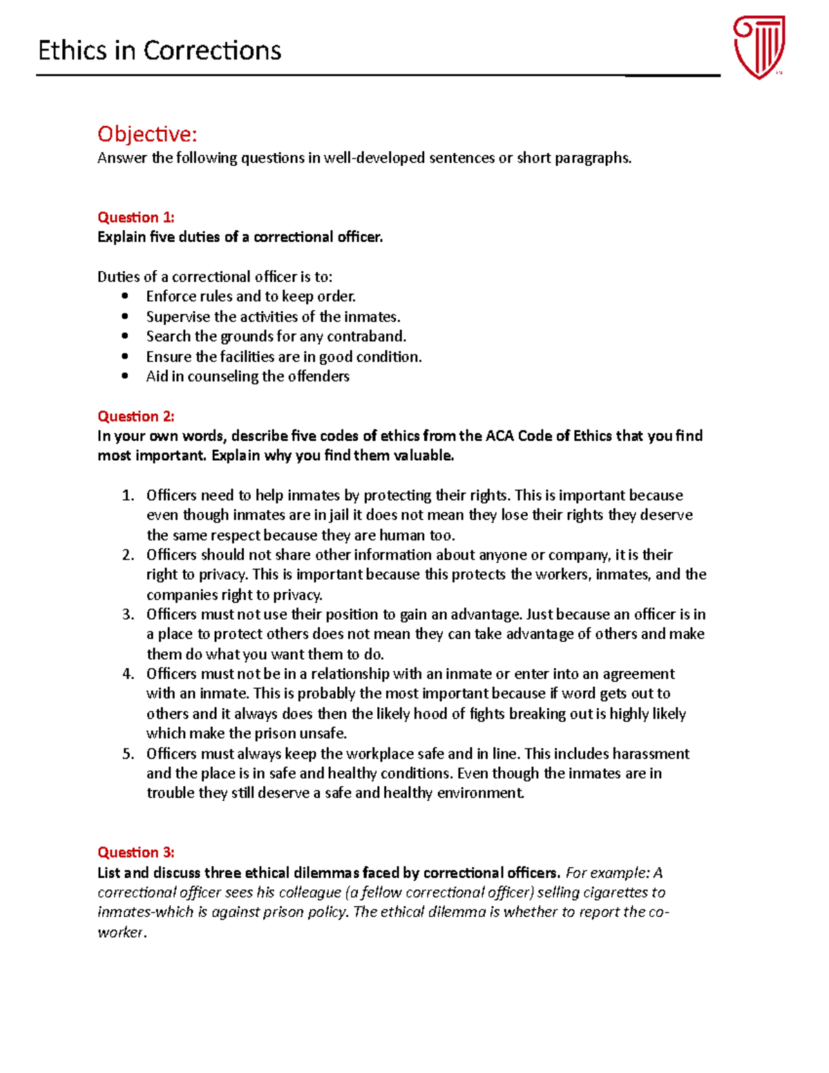 CRJ220 Ethics in Corrections: Reflection on Officer Duties & Dilemmas - Studocu