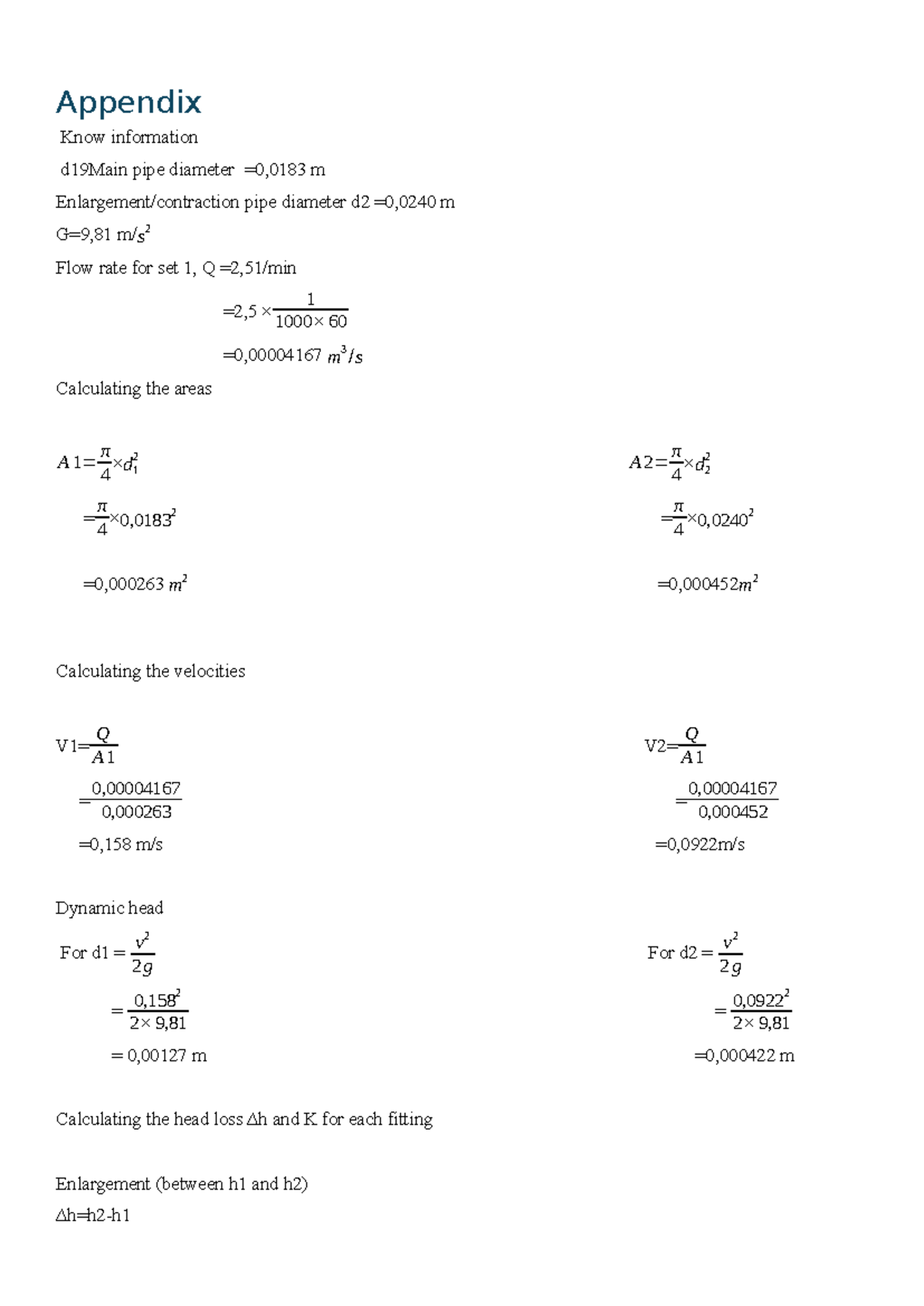 Appendix D19: Calculations for Pipe Diameter and Flow Rate in Experiments - Studocu