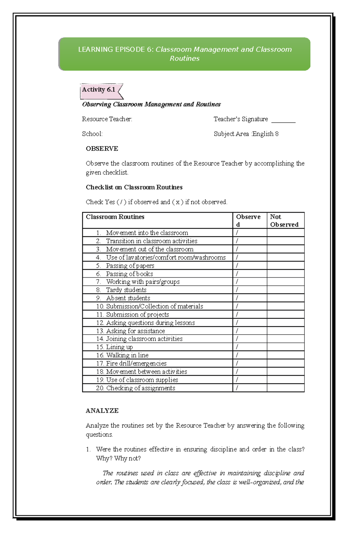 Field Study 1: Episode 6 - Classroom Management & Routines in English 8 ...