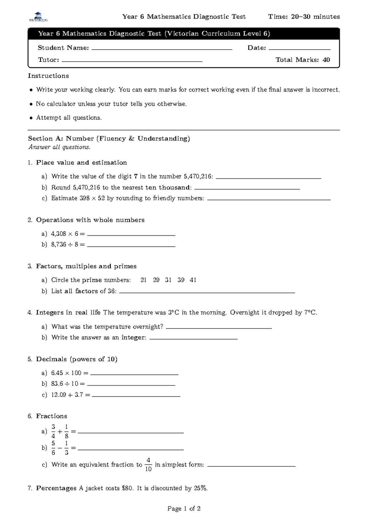 Year 6 Mathematics Diagnostic Test - Practice Questions - Studocu