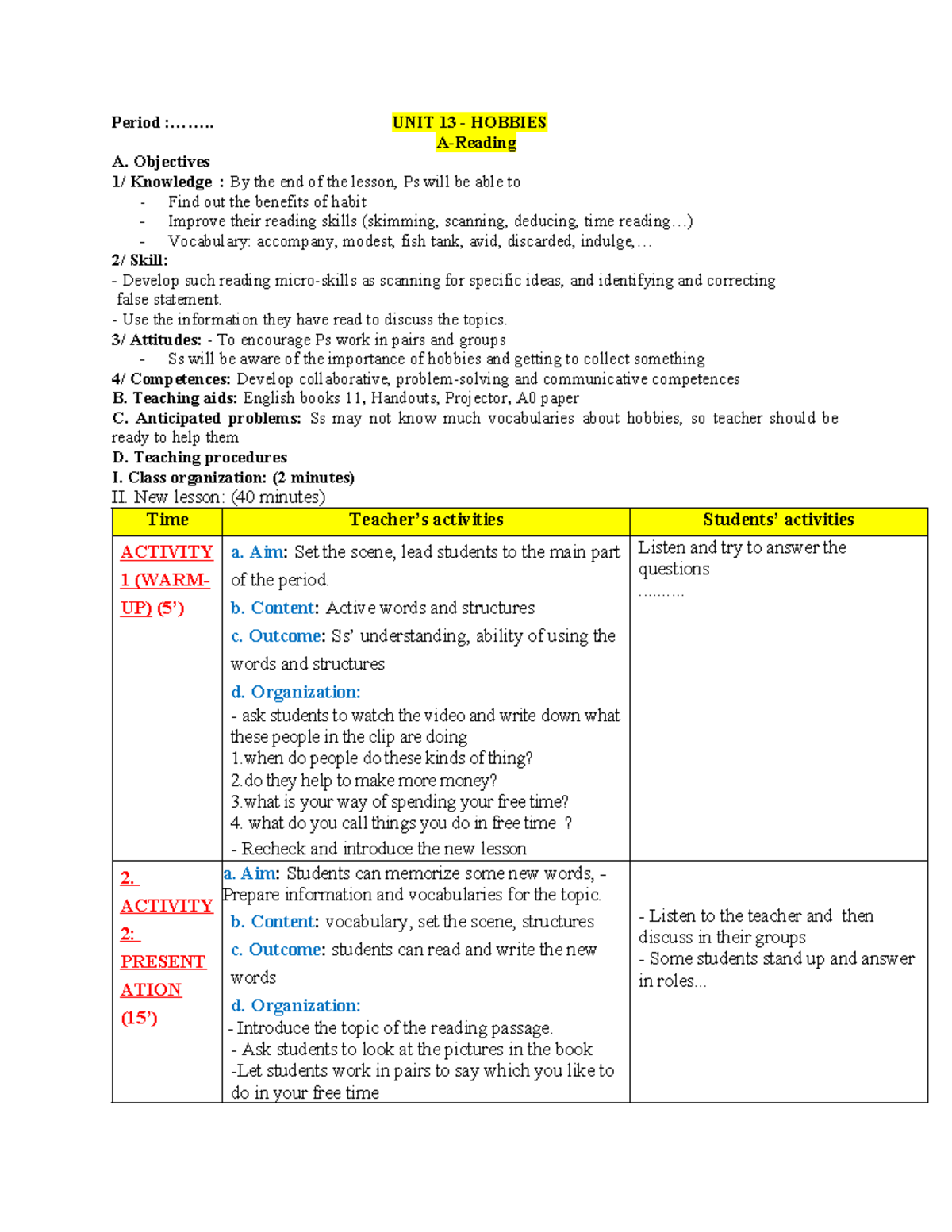 Unit 13 E11: Hobbies - Lesson Objectives and Teaching Activities - Studocu