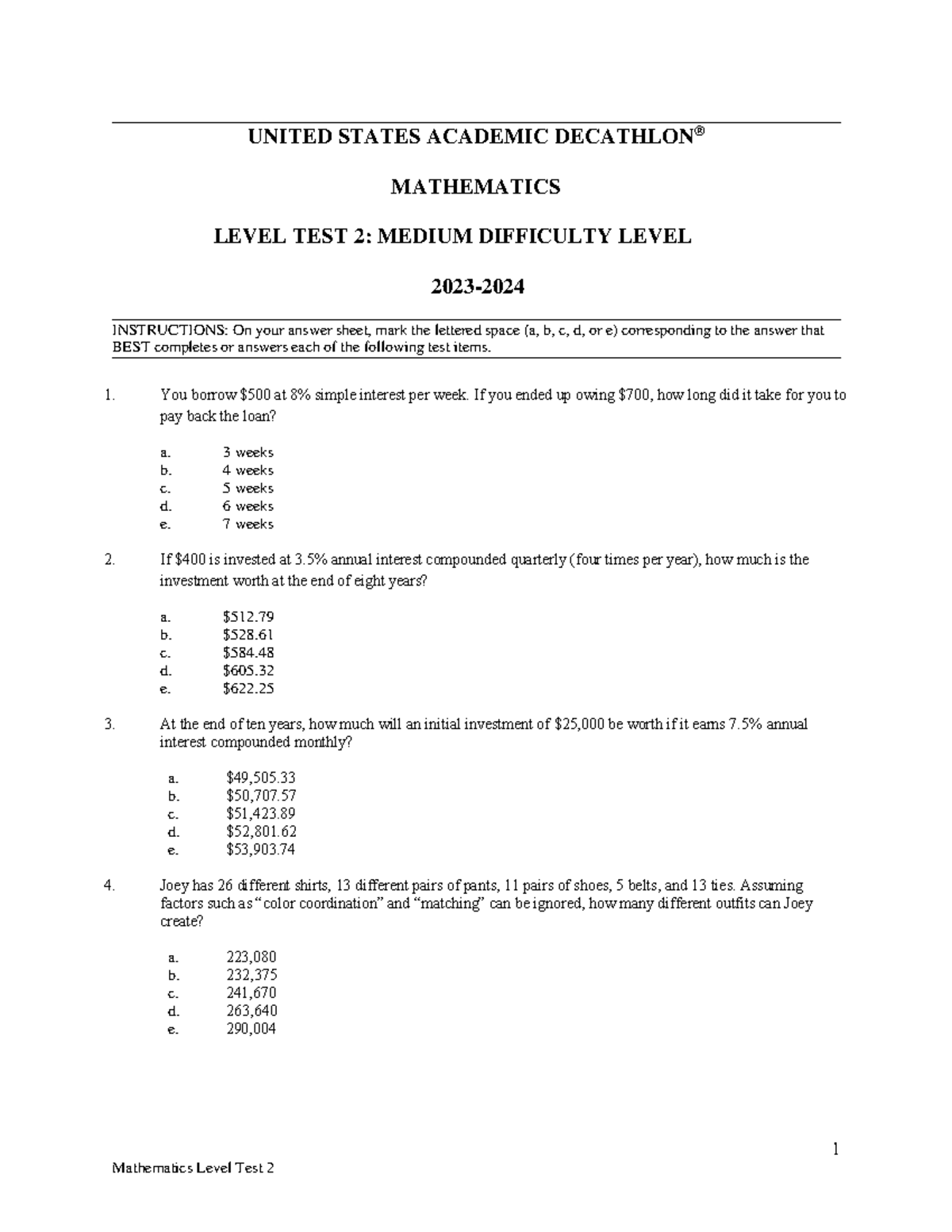 Mathematics Level Test 2 - Medium Difficulty (2023-2024) - Studocu