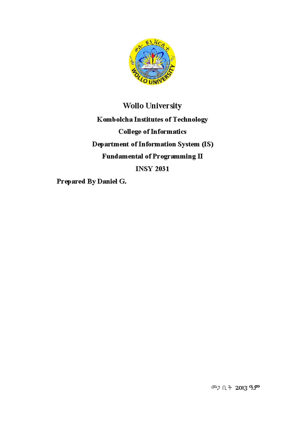 Course outline 6177670771 - Wollo University Kombolcha Institutes of ...