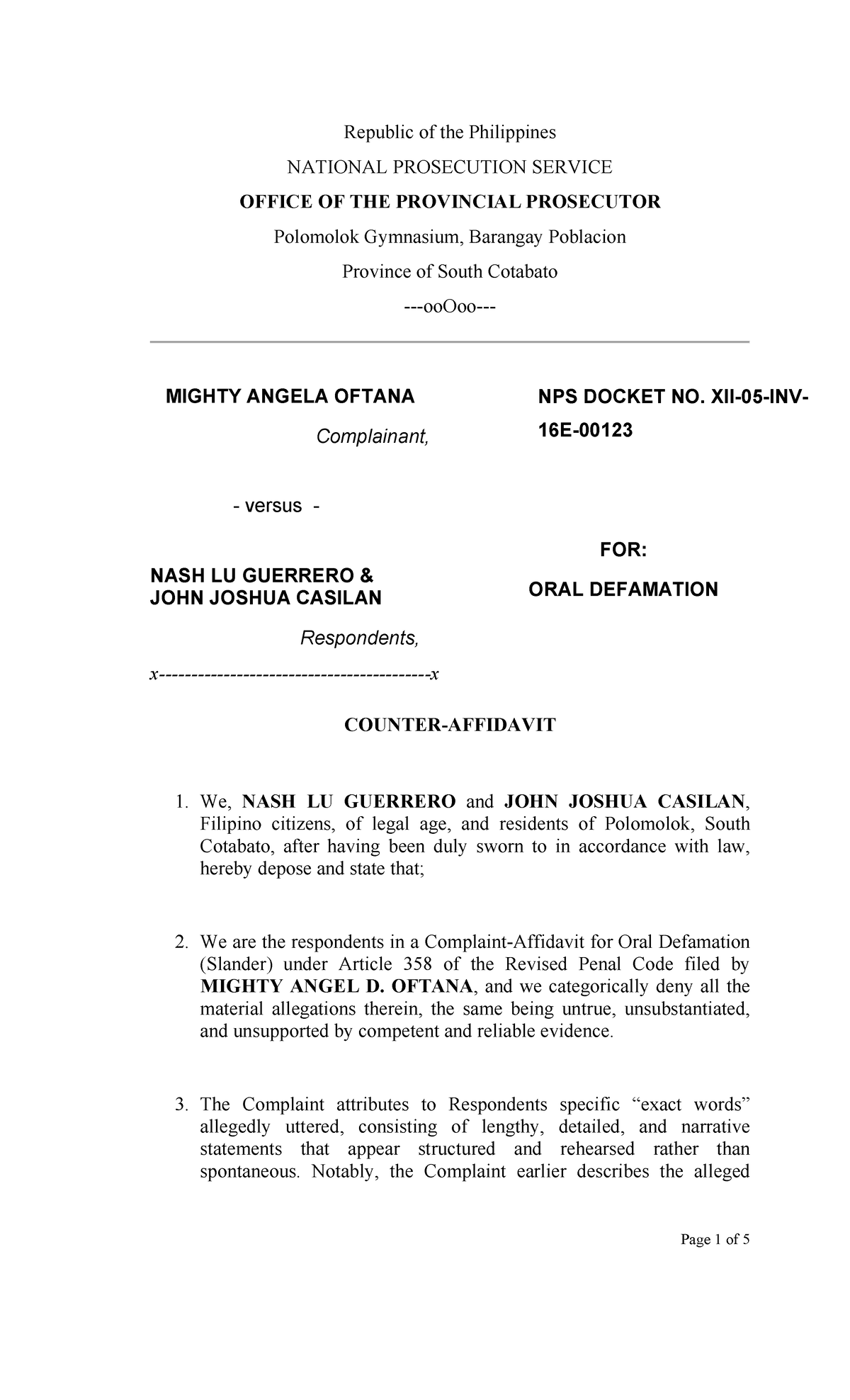 NPS DOCKET NO. Oral Defamation Counter-Affidavit of Respondents - Studocu