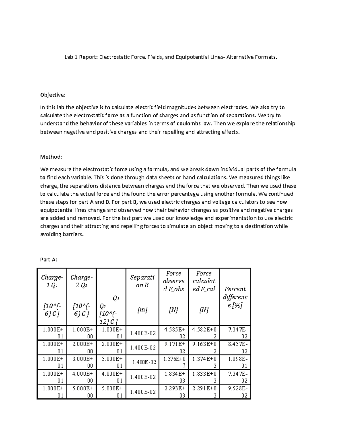 Lab 1: Electrostatic Forces, Fields & Equipotential Lines Analysis - Studocu