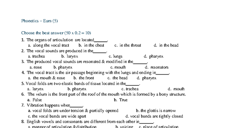 Phonetics Exam (5) - Multiple Choice Questions and Answers - Studocu