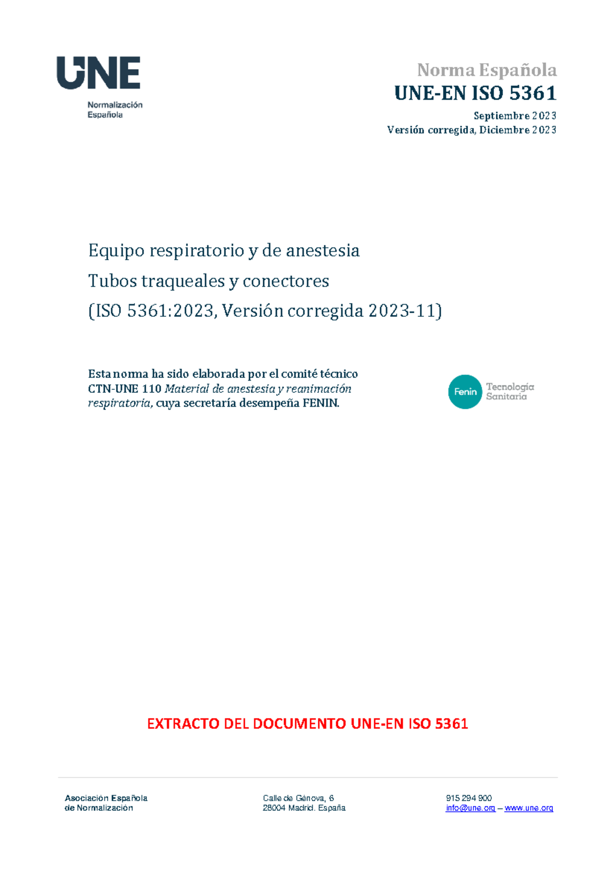 Norma UNE-EN ISO 5361:2023 - Tubos Traqueales y Conectores - Studocu
