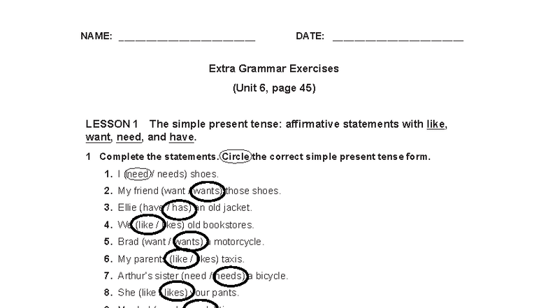 UNIT 06 Extra Grammar Exercises: Simple Present Tense Practice - Studocu