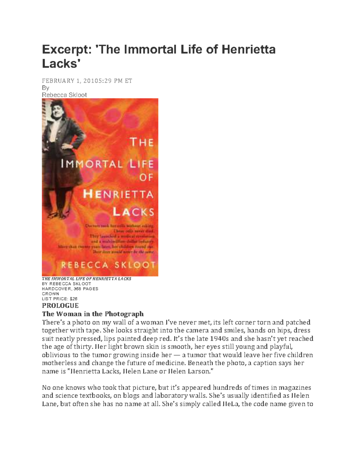 Excerpt: The Immortal Life of Henrietta Lacks (Skloot, 2010) - Studocu