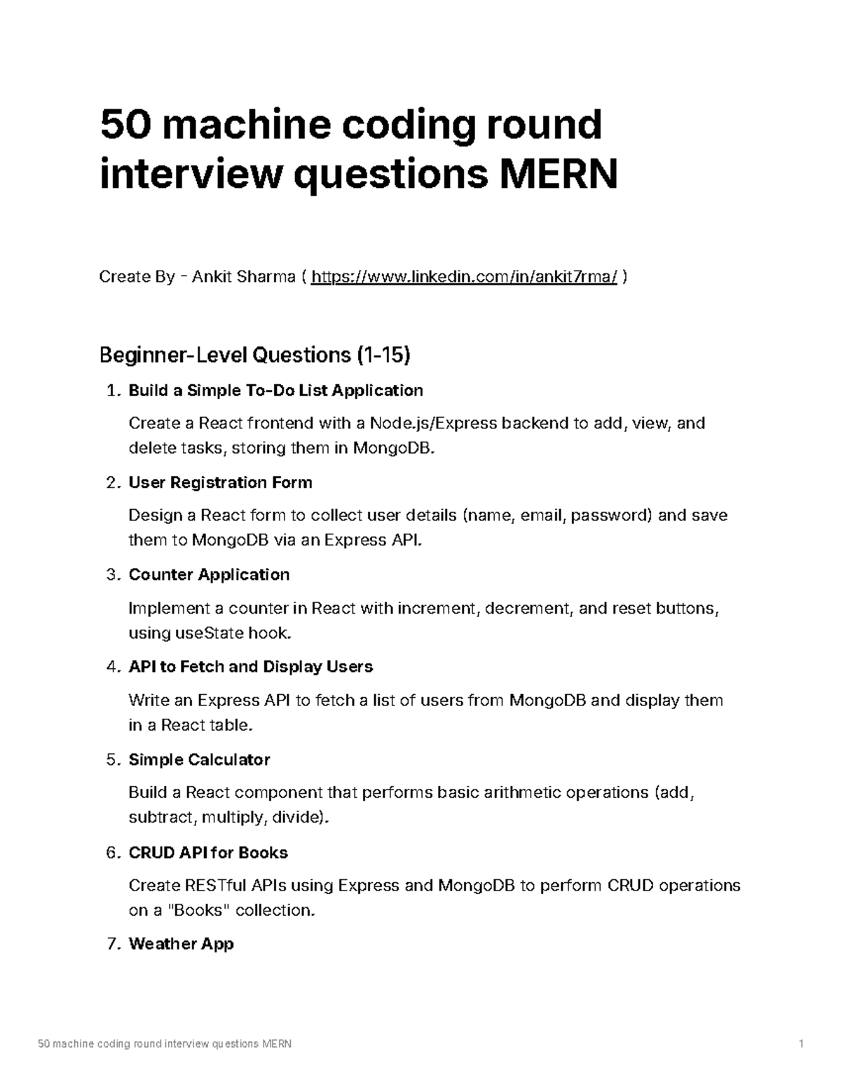 50 Machine Coding Round Interview Questions for MERN Development - Studocu