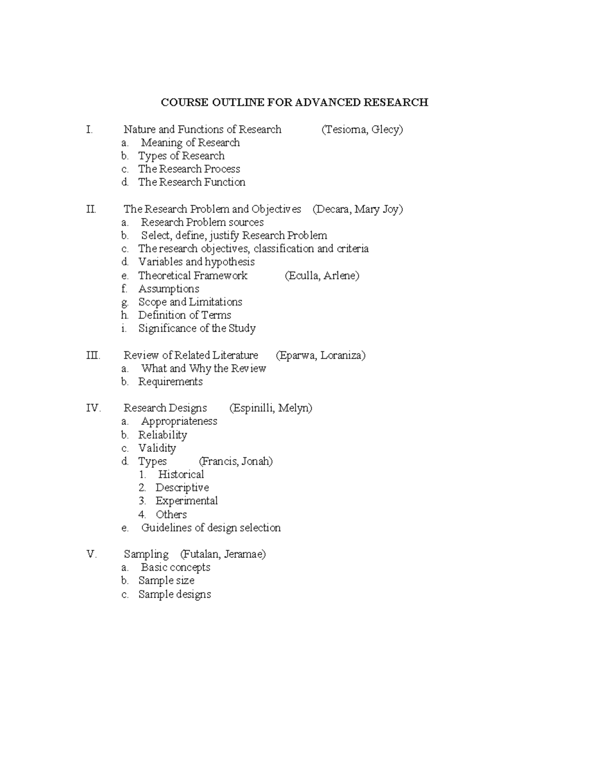 Course Outline FOR Advanced Research - COURSE OUTLINE FOR ADVANCED ...