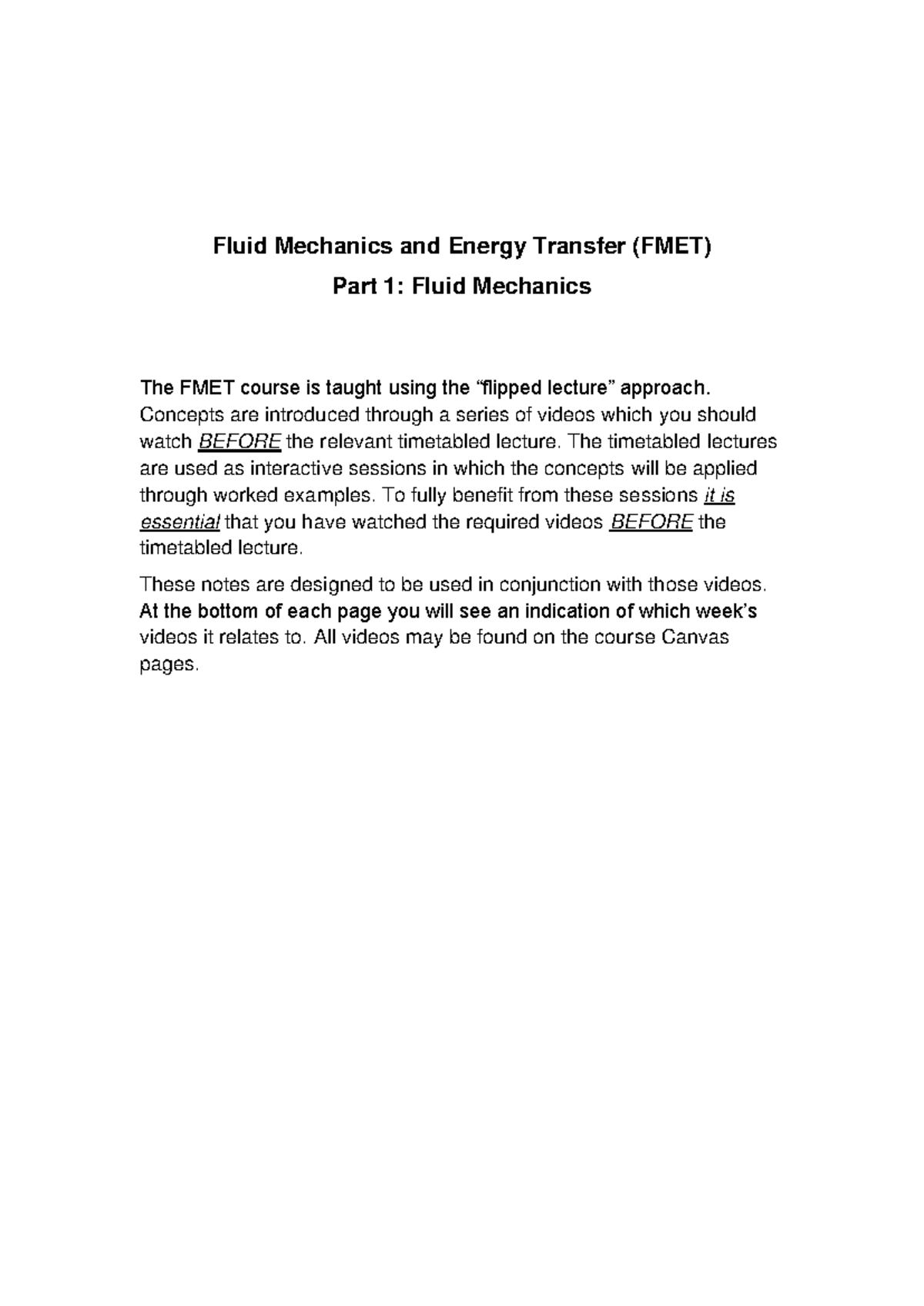 FMET Course Notes: Fluid Mechanics Weekly Overview (Weeks 1-5) - Studocu
