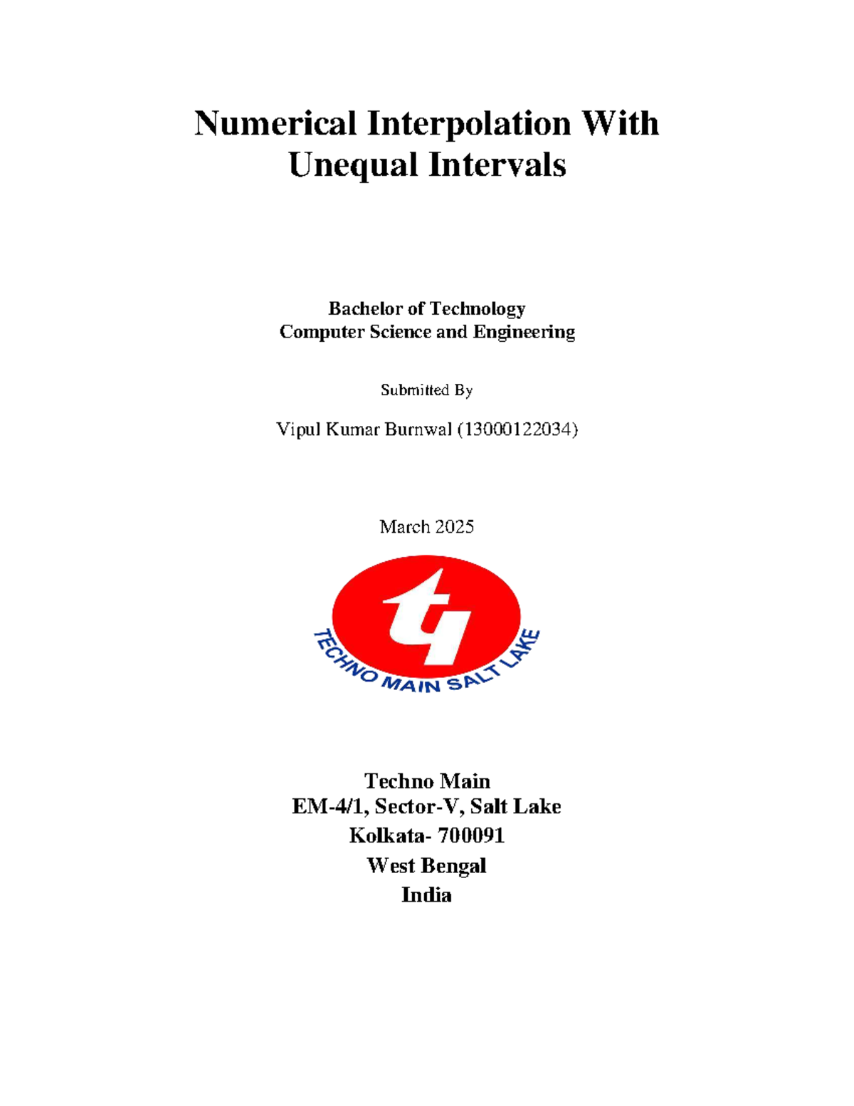 Numerical Interpolation with Unequal Intervals: CSE 13000122034 Final ...