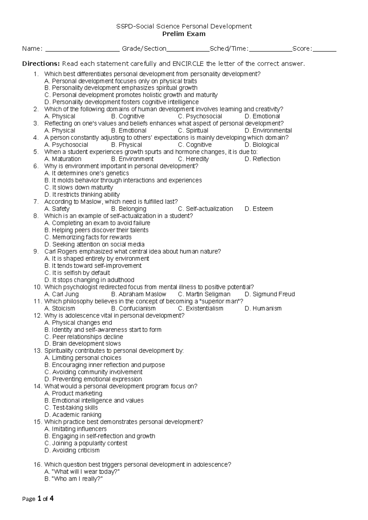 Prelim Exam - Personal Development (PD 101) - Studocu