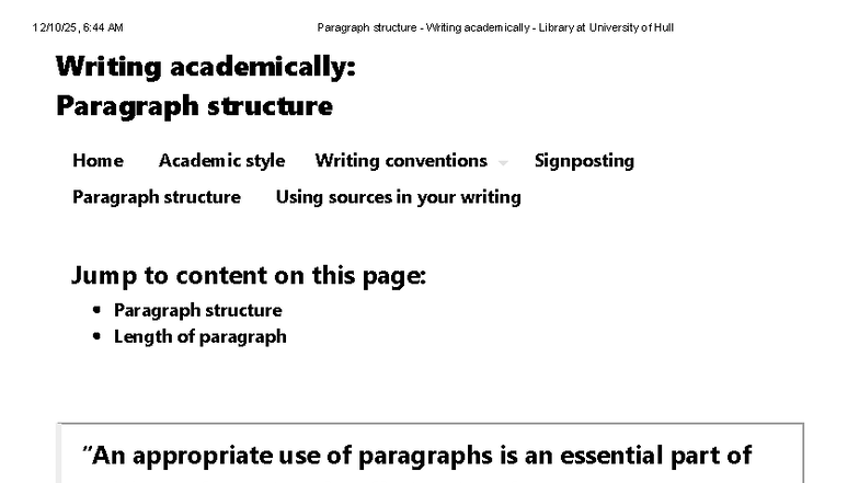 Paragraph Structure: Writing Academically at University of Hull - Studocu
