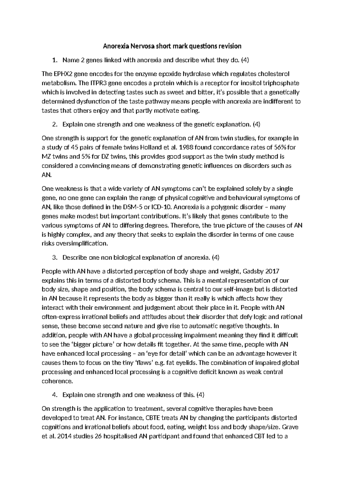 Edexcel A Level Psychology: Anorexia Nervosa Revision Notes - Studocu