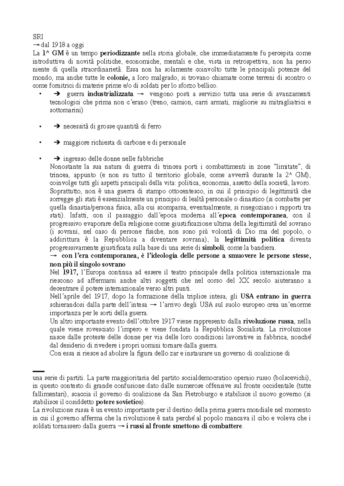 Appunti di Storia delle Relazioni Internazionali: Dalla Prima alla ...