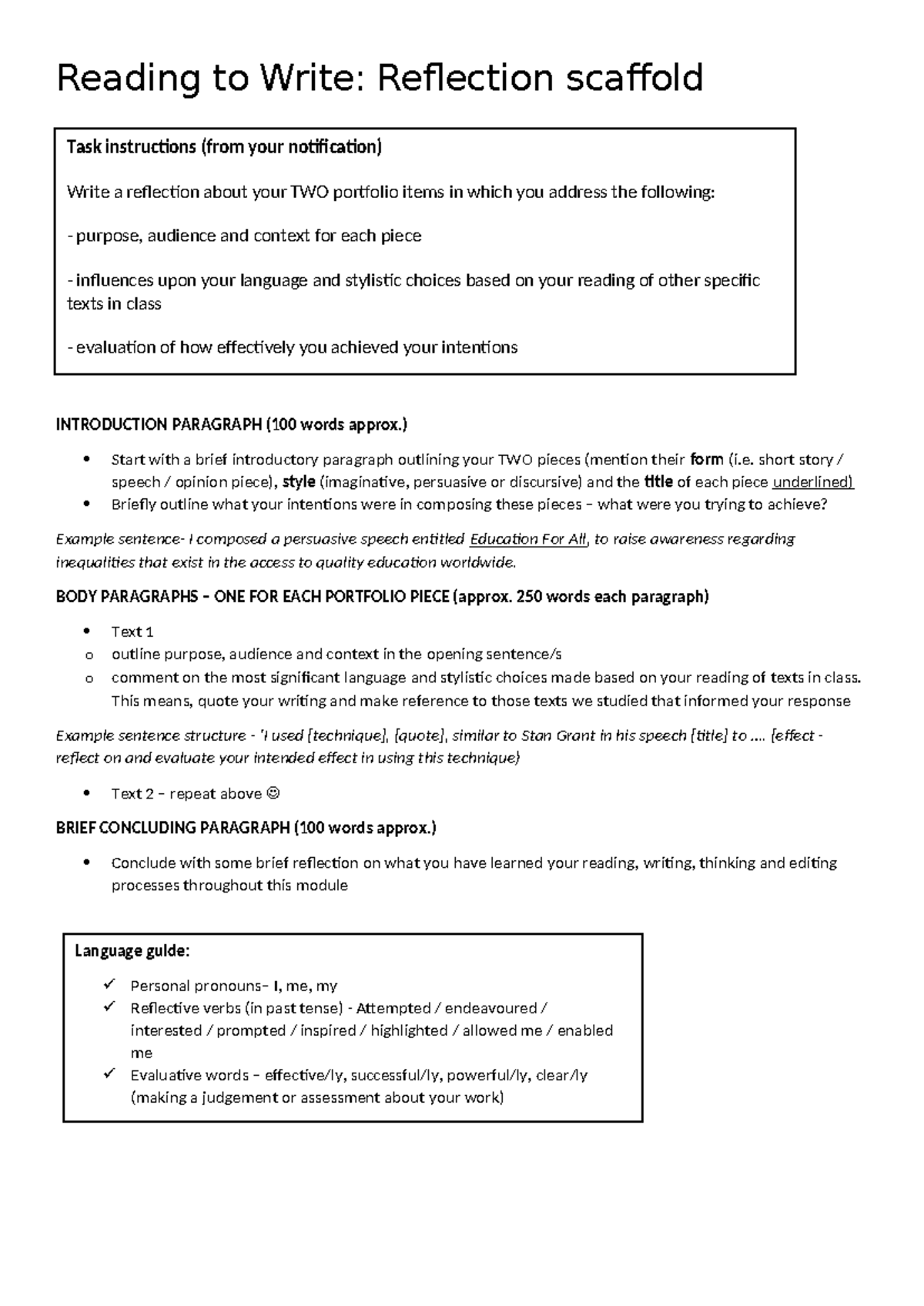 Reflection scaffold - Reading to Write: Reflection scaffold ...