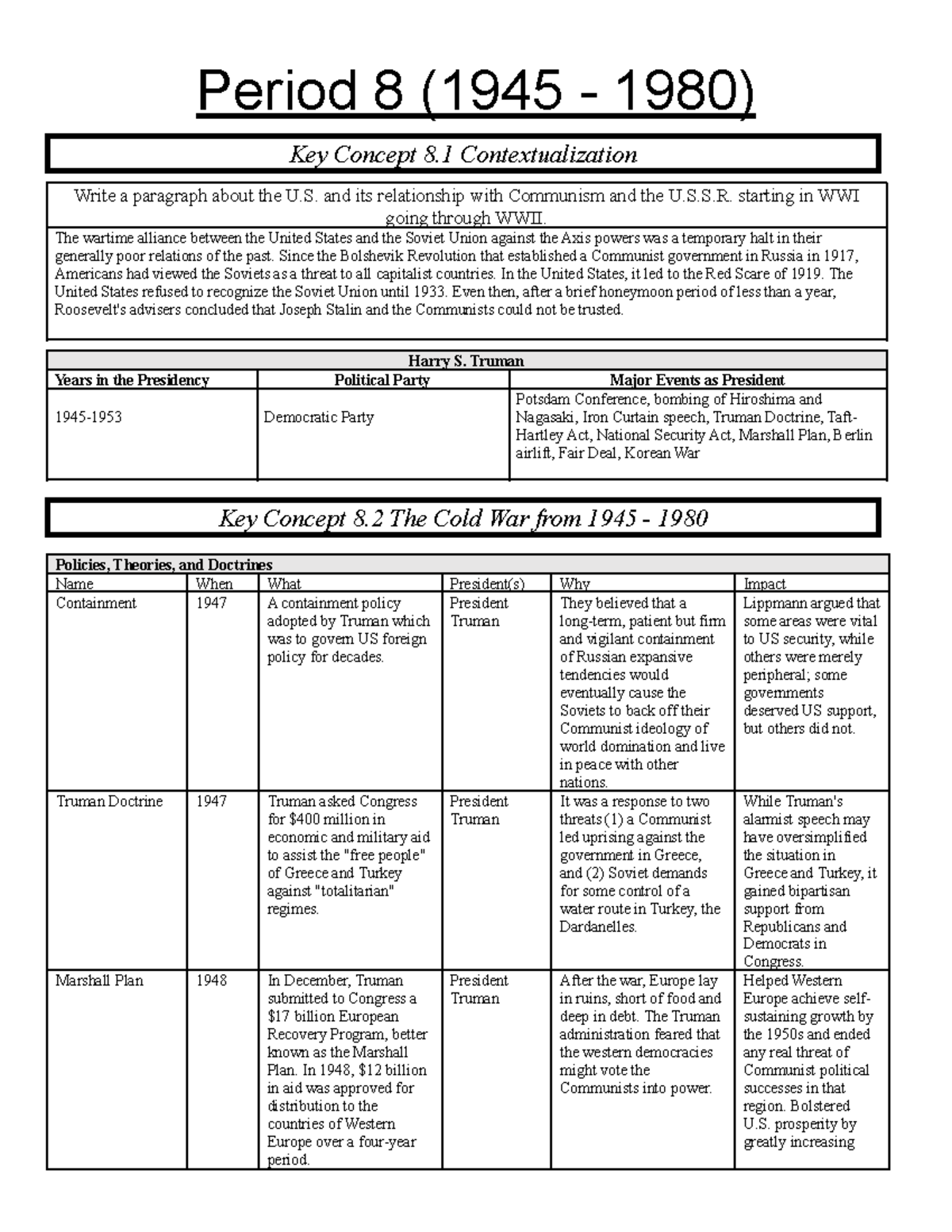 APUSH AMSCO Chapters 26-27 Cold War Truman Through Eisenhower Reading ...