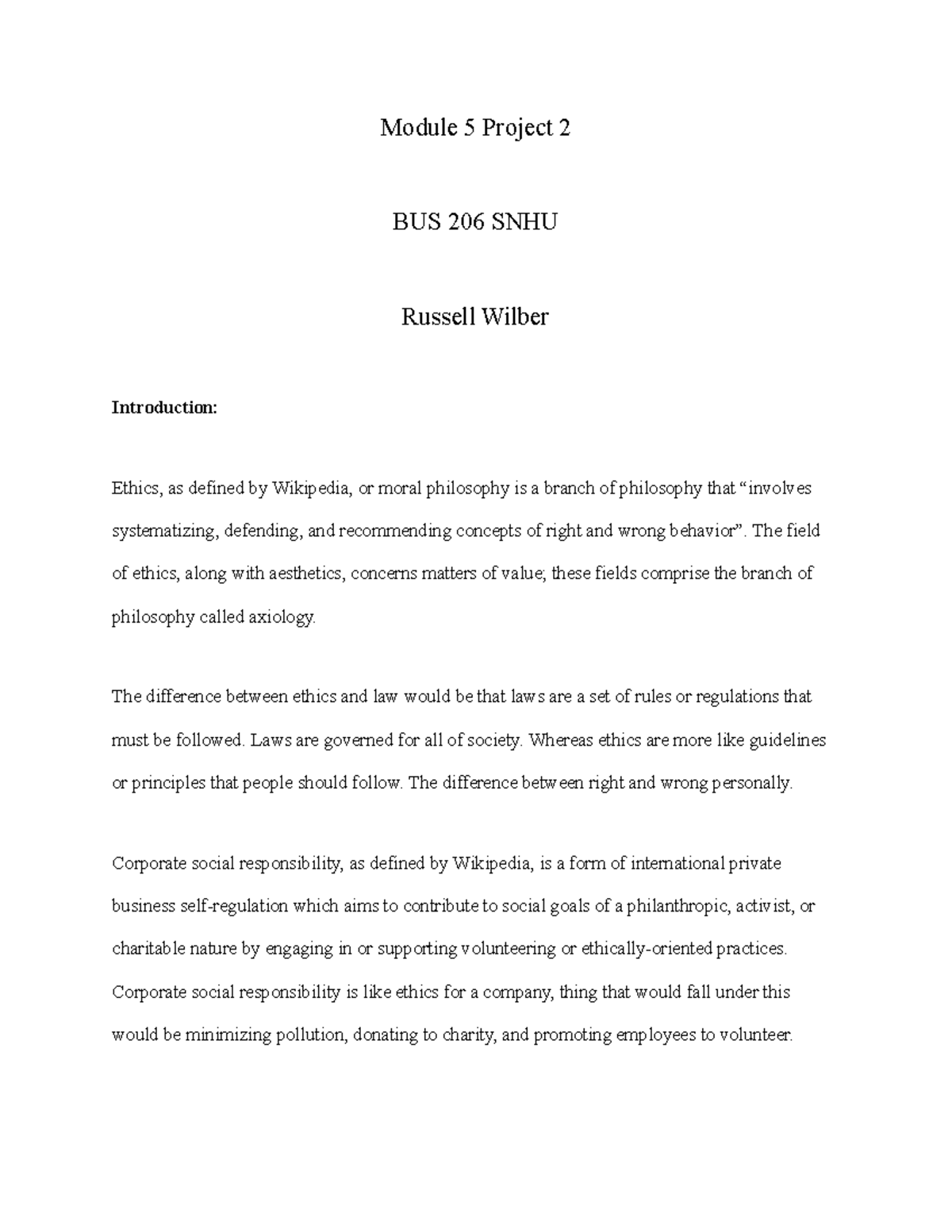 BUS 206 Module 5 Project 2: Ethics and Corporate Social Responsibility ...