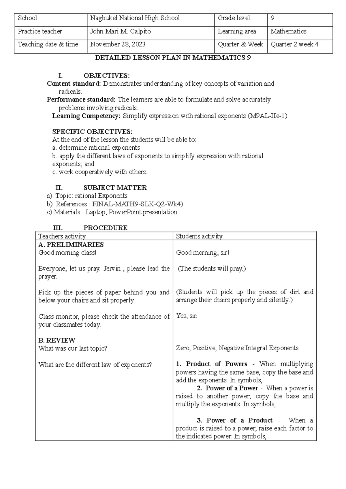 Mathematics 9: Lesson Plan on Rational Exponents (M9AL-IIe-1) - Studocu