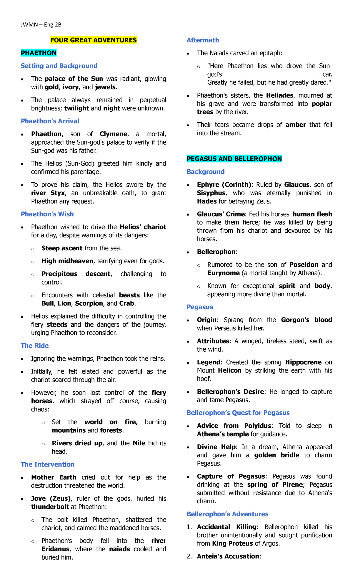 JWMN Eng 2B Mythology Reviewer for Final Exam: Key Adventures and ...