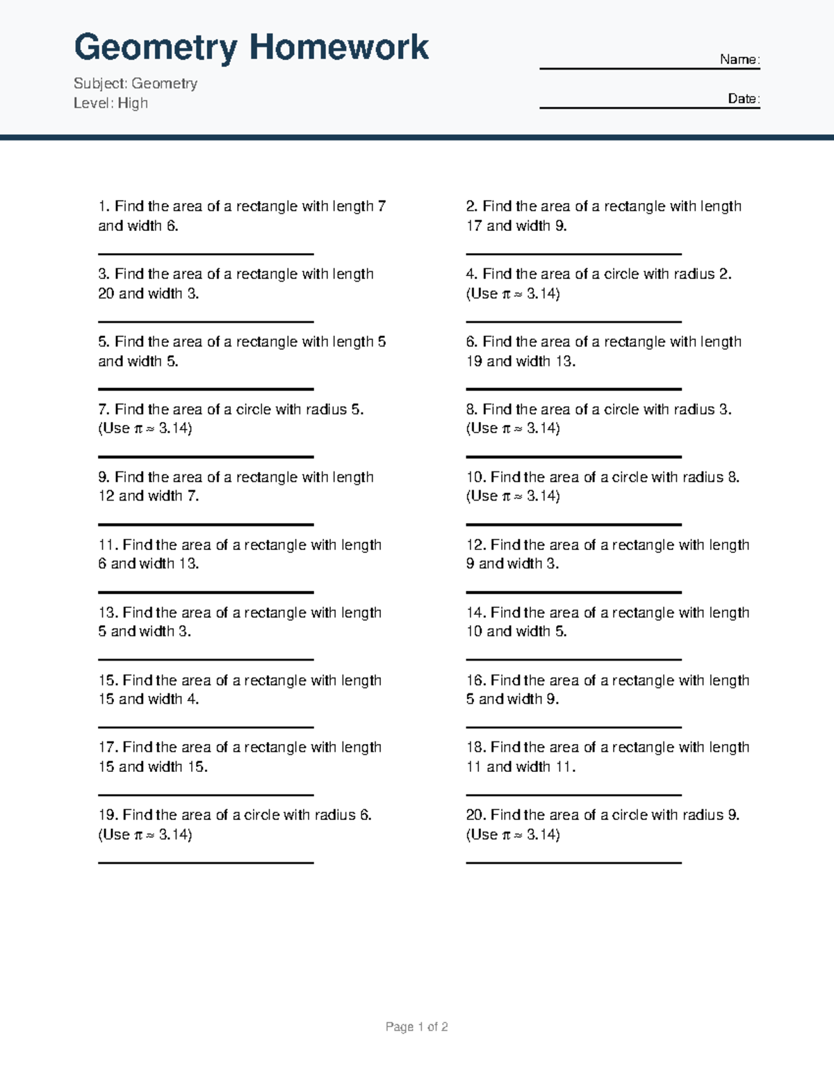 Geometry Homework 1 - Area Calculations and Solutions - Studocu