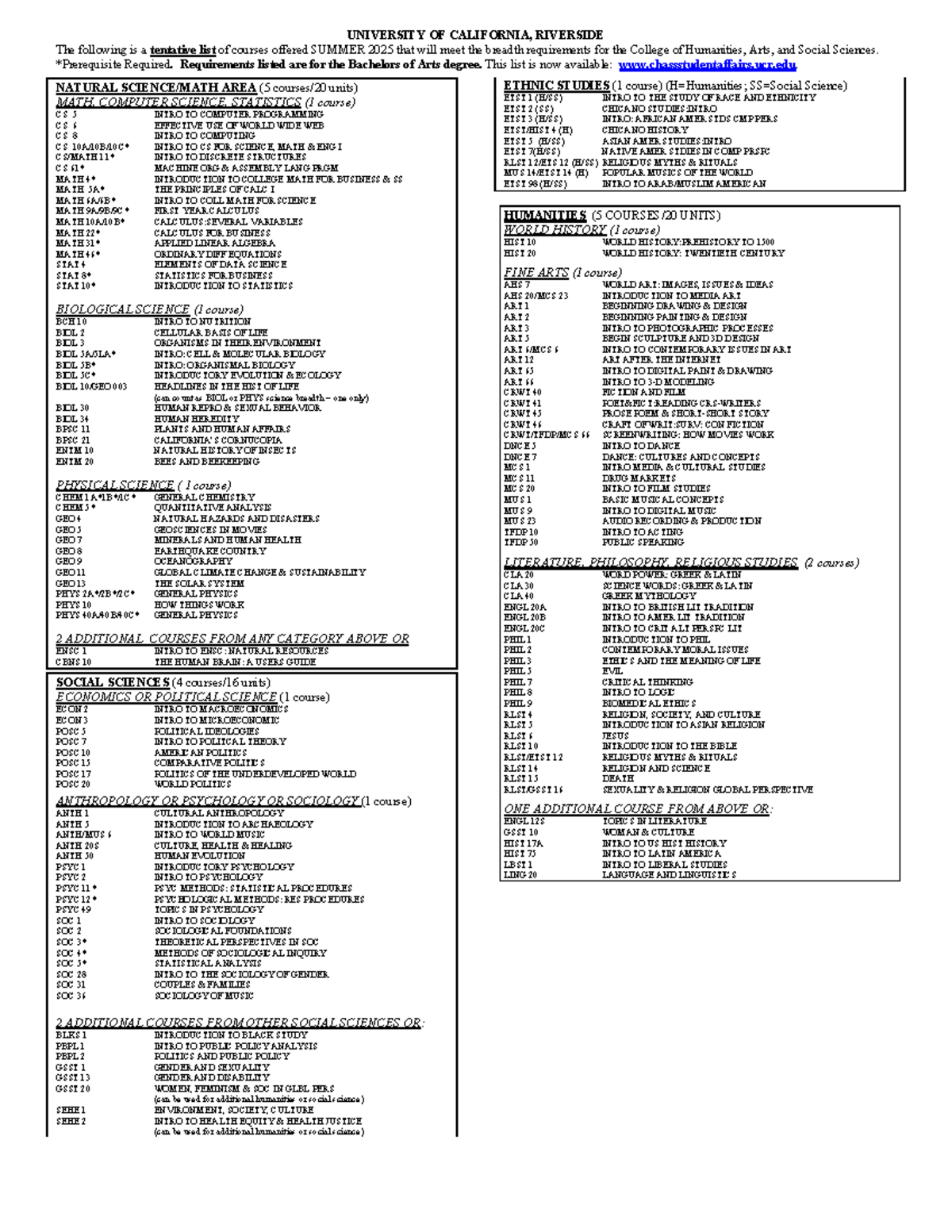 UCR Summer 2025 Course Offerings for BA Breadth Requirements - Studocu