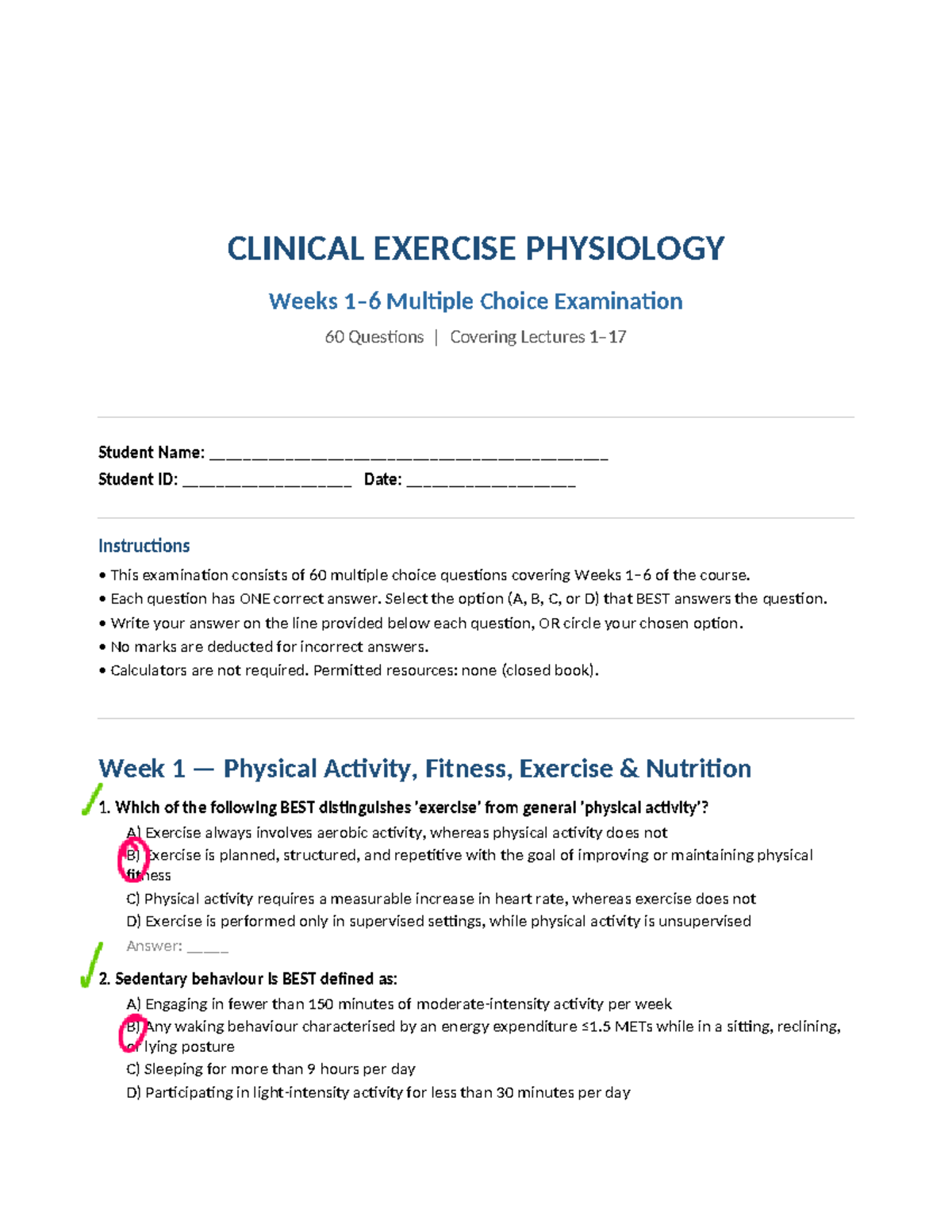 Clinical Exercise Physiology (CEP) MCQ Exam - 60 Questions - Studocu