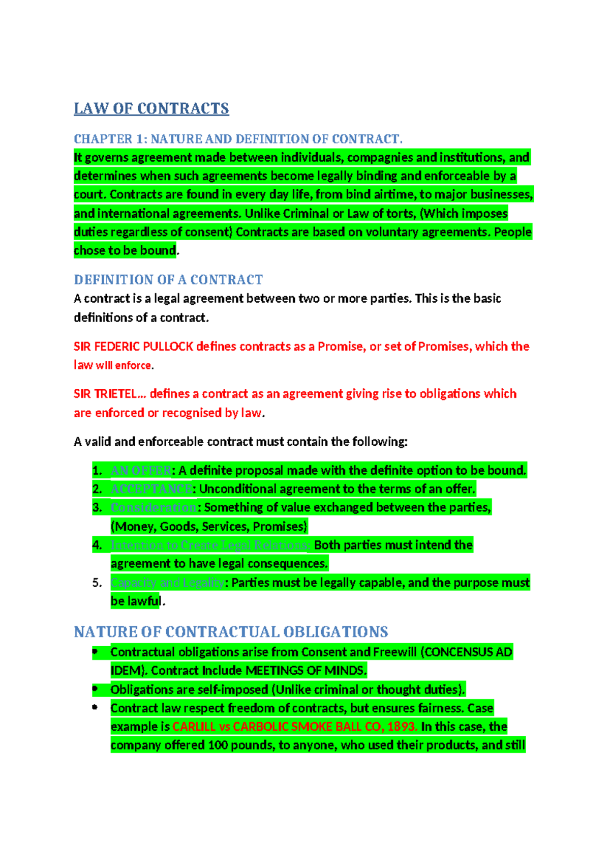 LAW OF CONTRACTS CHAPTER 1: NATURE & DEFINITION OF CONTRACT - Studocu