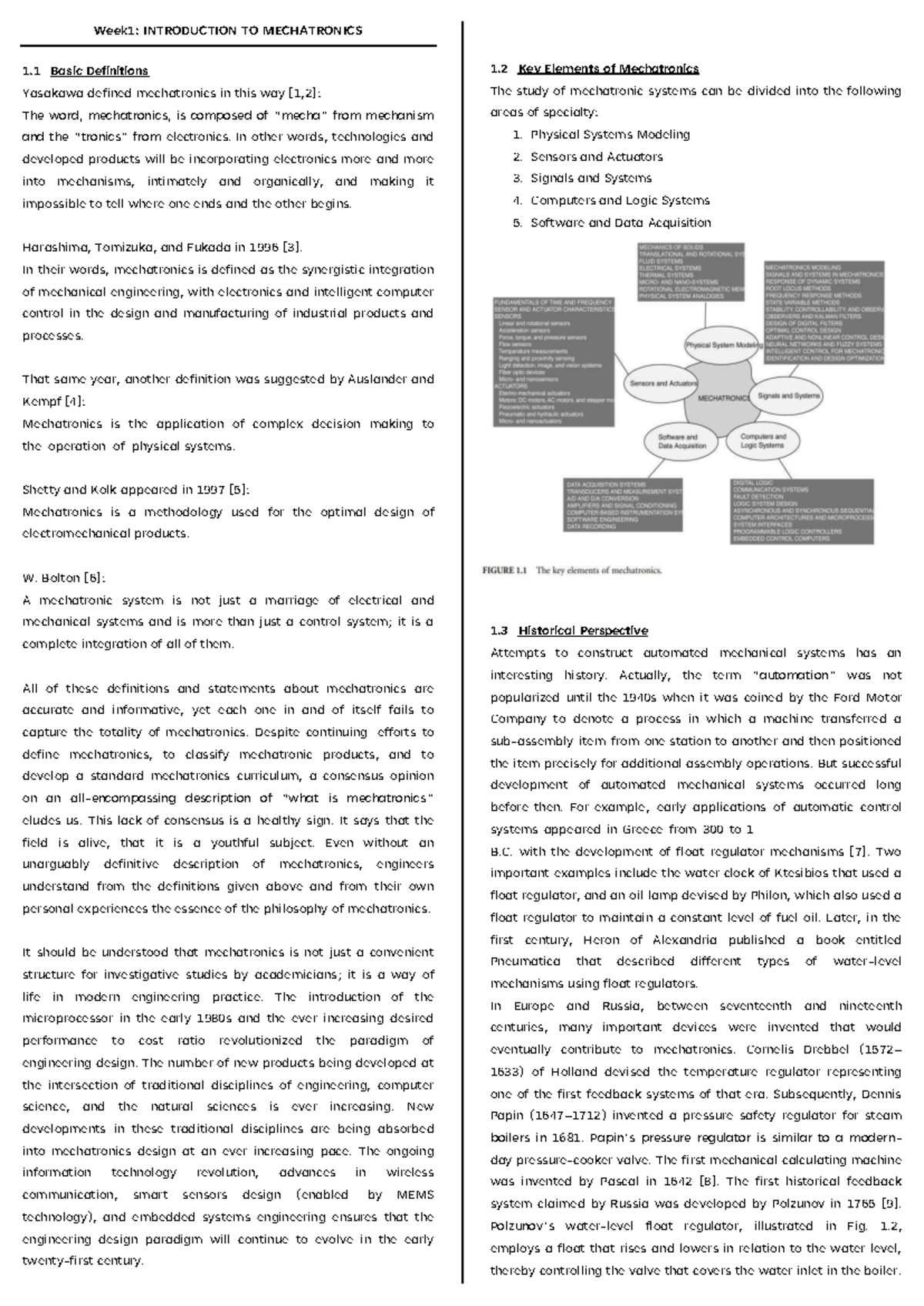 Week 1: Introduction to Mechatronics - Key Concepts and Historical Overview - Studocu