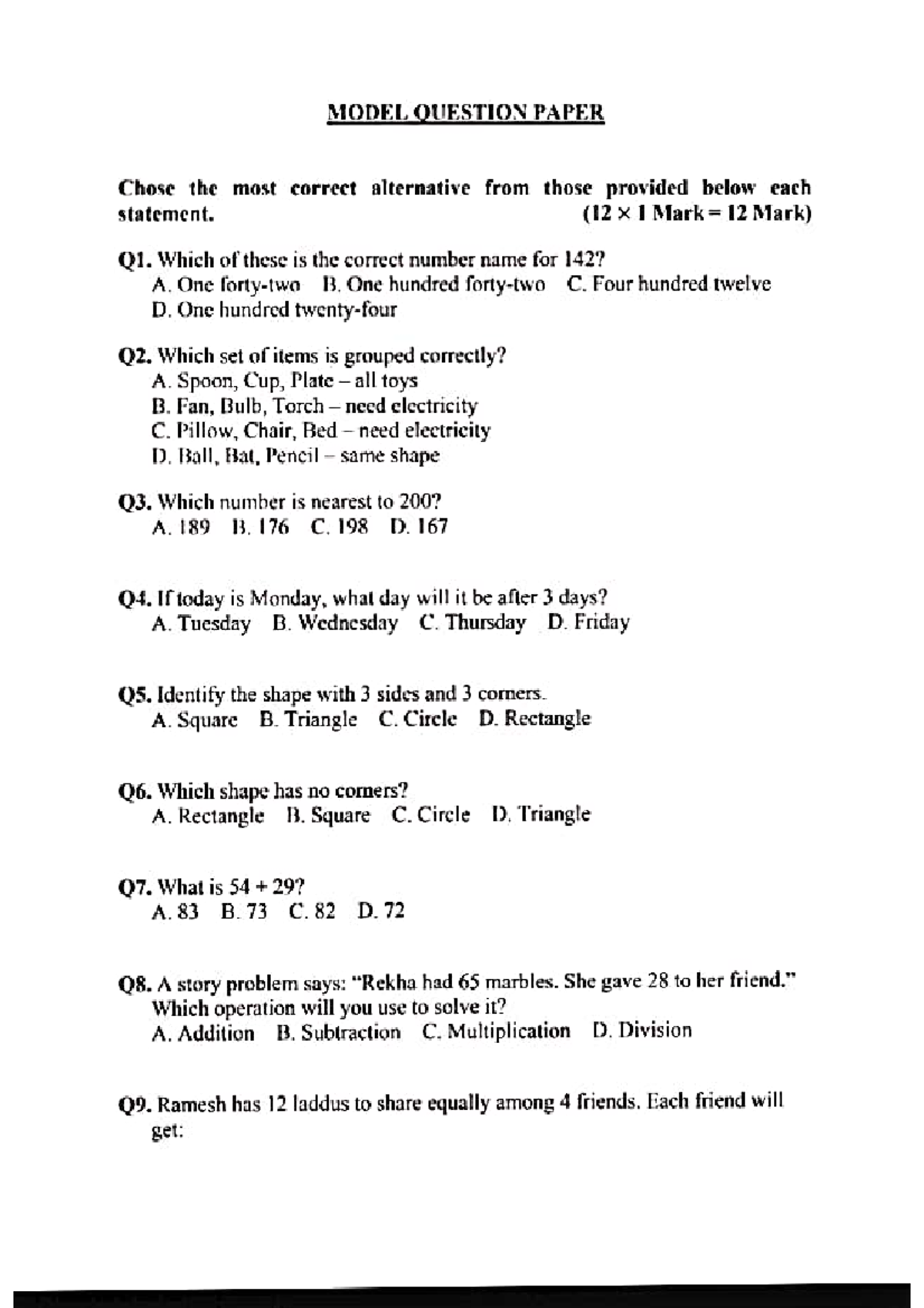 MODEL QUESTION PAPER: Maths Quiz (12 Questions, 1 Mark Each) - Studocu