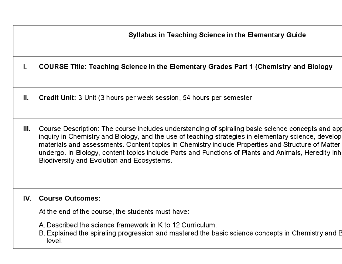 Syllabus for Teaching Science in Elementary Grades (CHEM & BIO) - Studocu