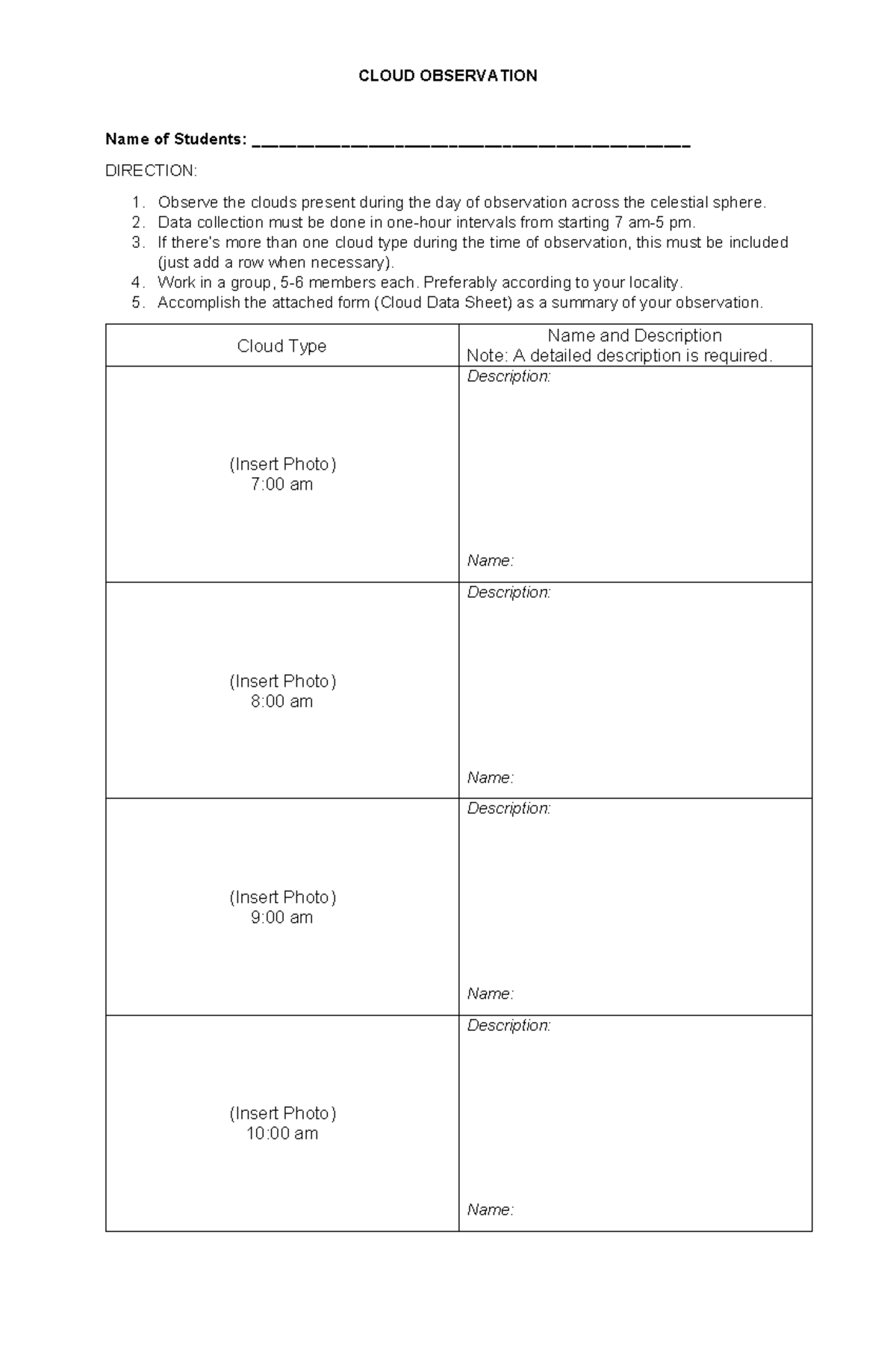 Activity 2: Cloud Observation Data Collection Assignment - Studocu