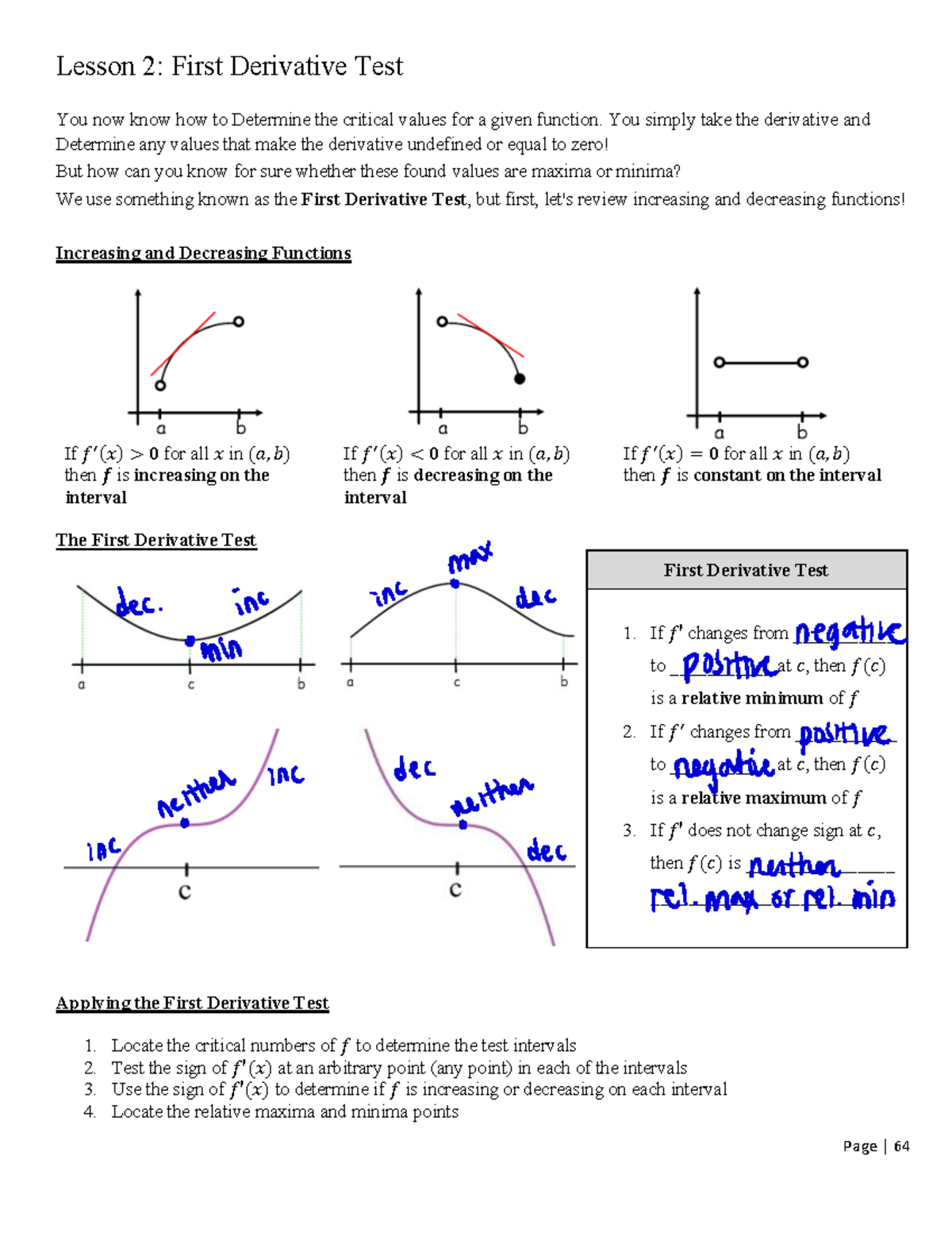 Math 31 Unit 4: First Derivative Test Explained - Studocu