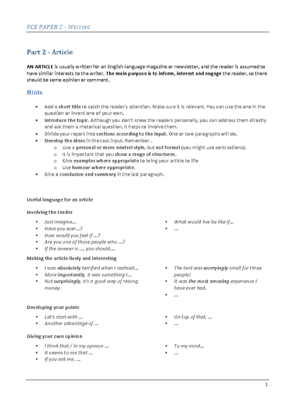 FCE PAPER 2 WRITING: Article Practice and Model Answers - Studocu