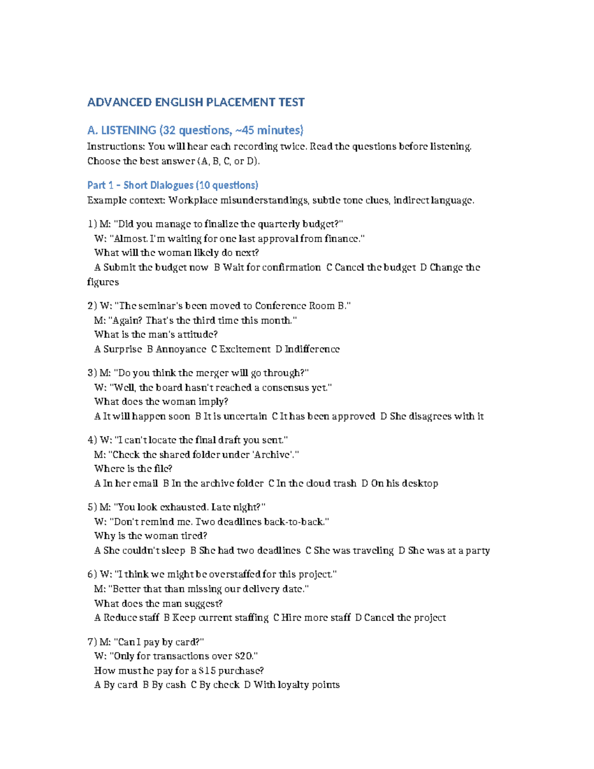 ADVANCED ENGLISH PLACEMENT TEST A: LISTENING & WRITING GUIDE - Studocu