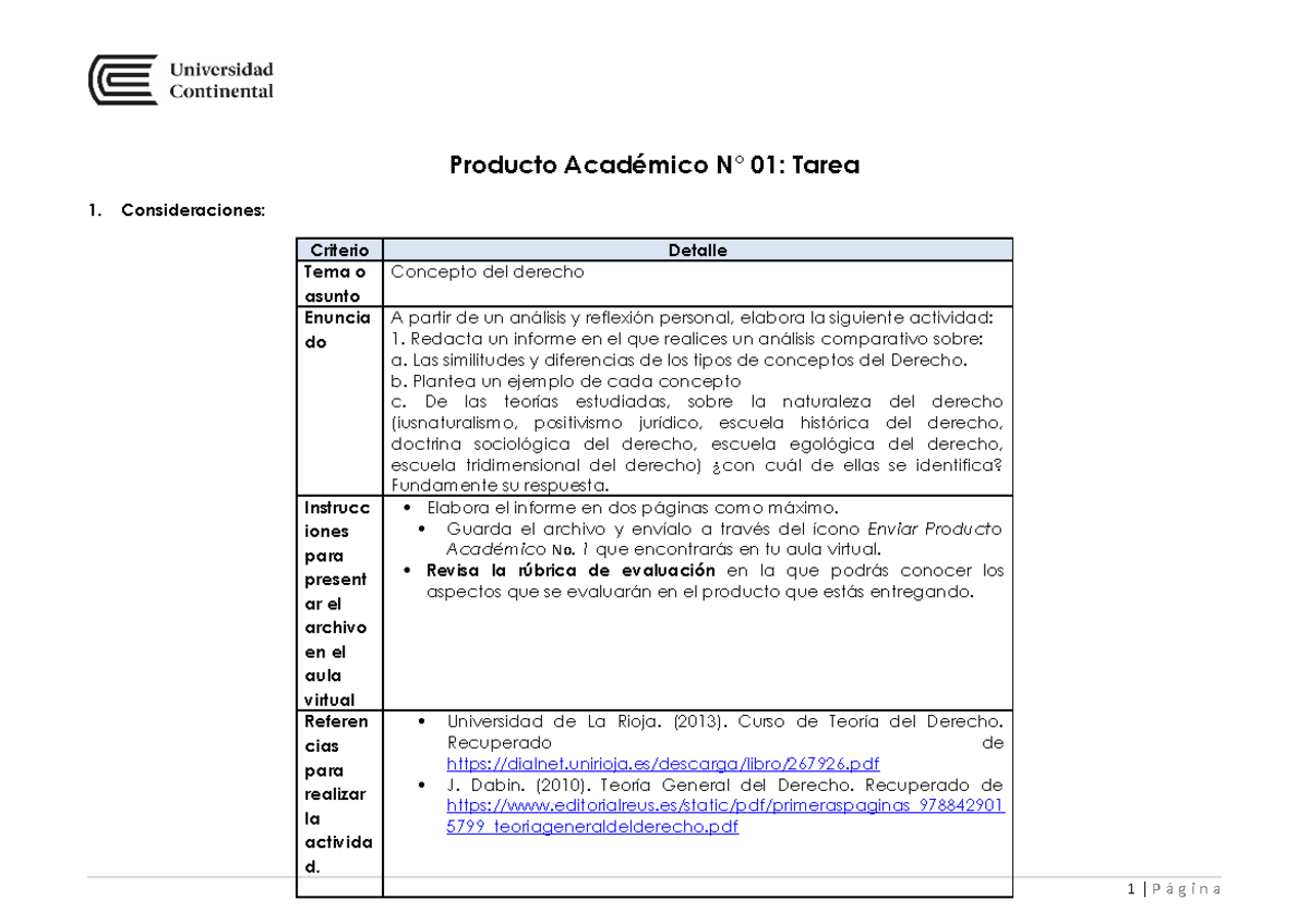 PA1 terea - producto - Producto Académico N° 01: Tarea 1. Consideraciones: 1 | Página Criterio ...