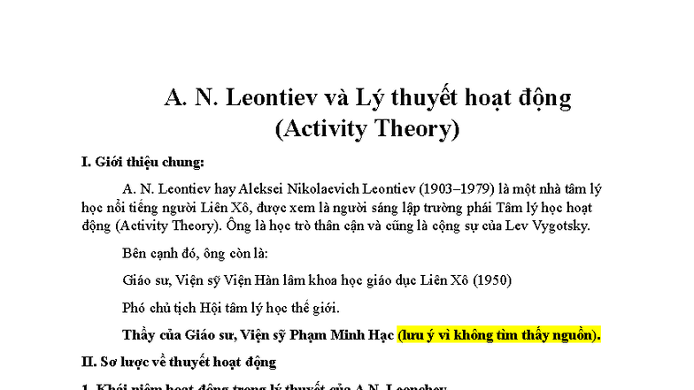 Leontiev và Lý thuyết Hoạt động về Nhân cách (Tâm lý học) - Studocu