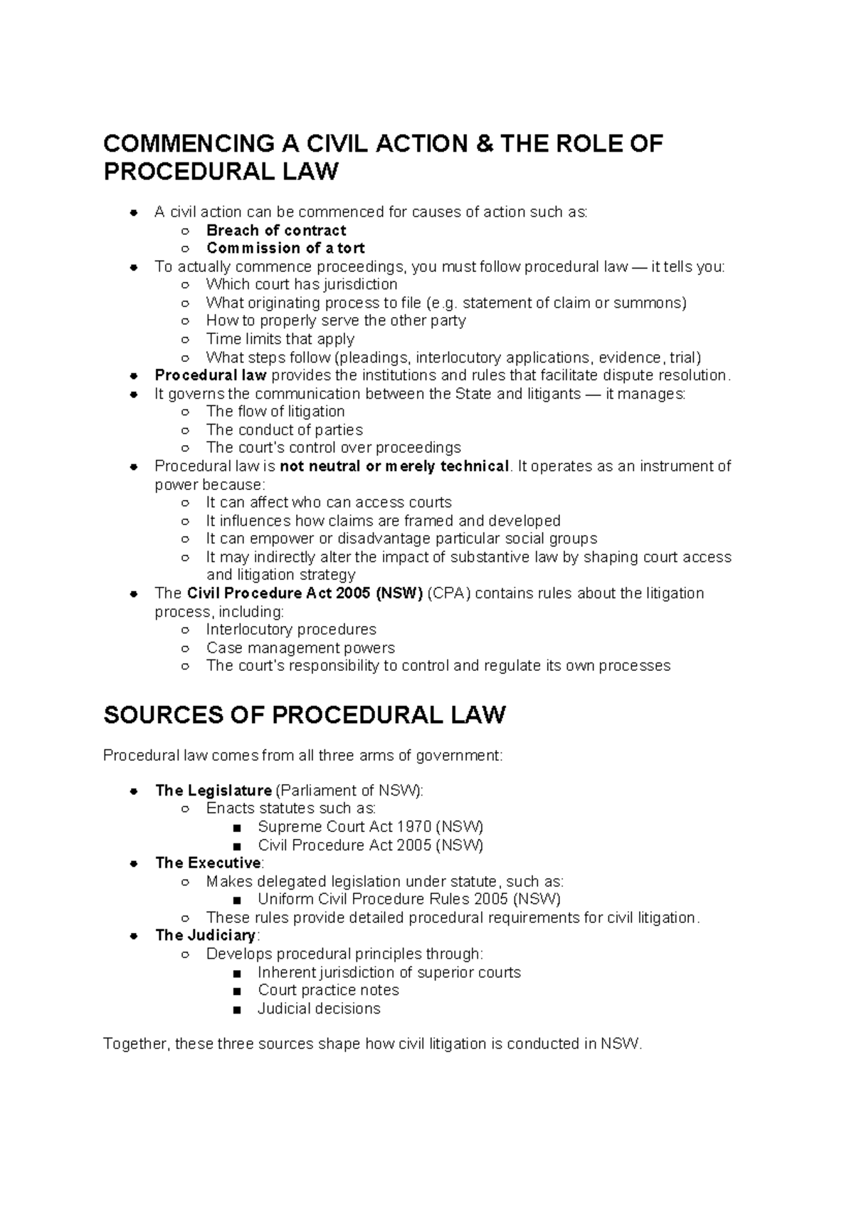 Civil Practice Notes: Commencing a Civil Action & Procedural Law - Studocu