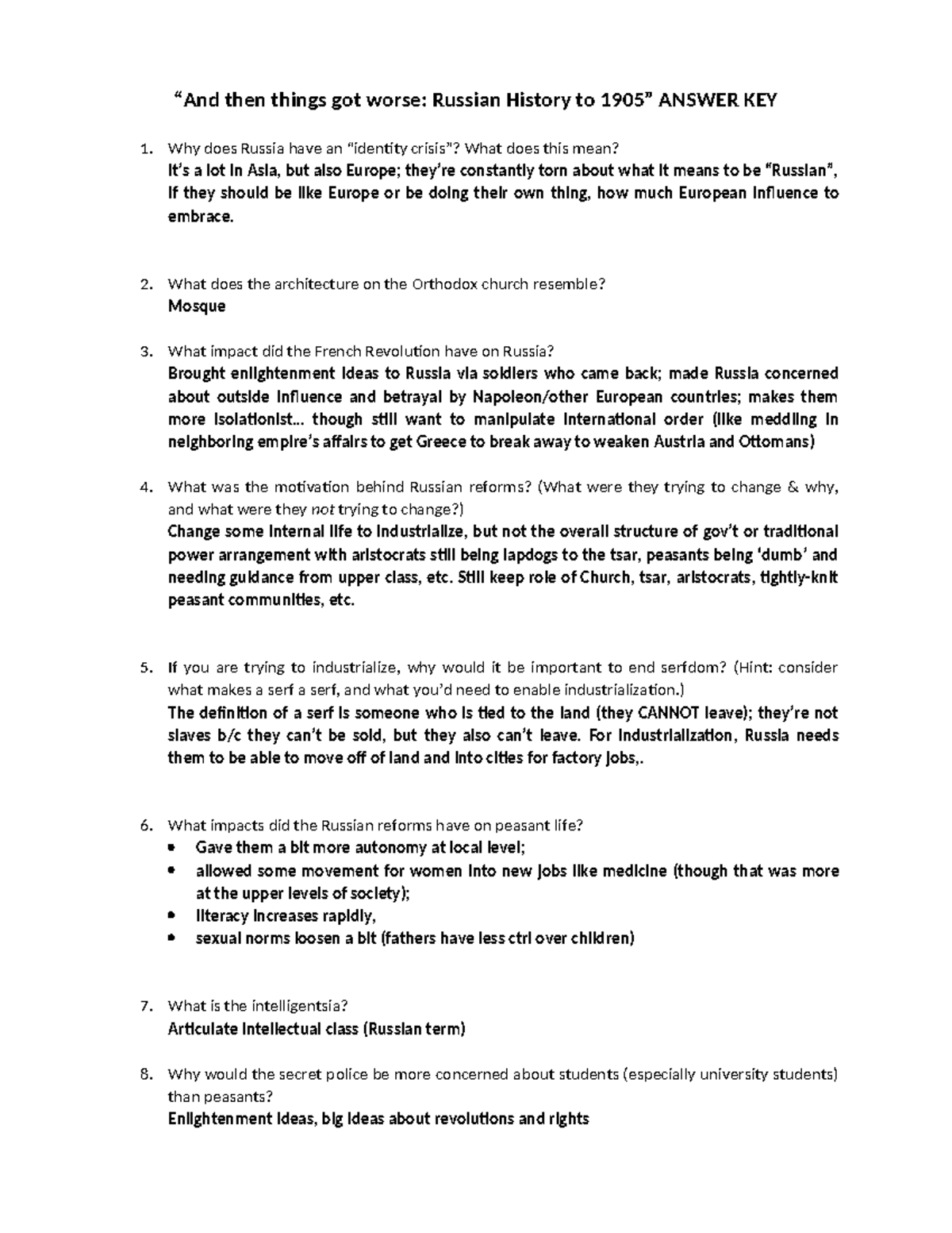 Russian History to 1905: Worksheet Answers (Course Code: 12) - Studocu