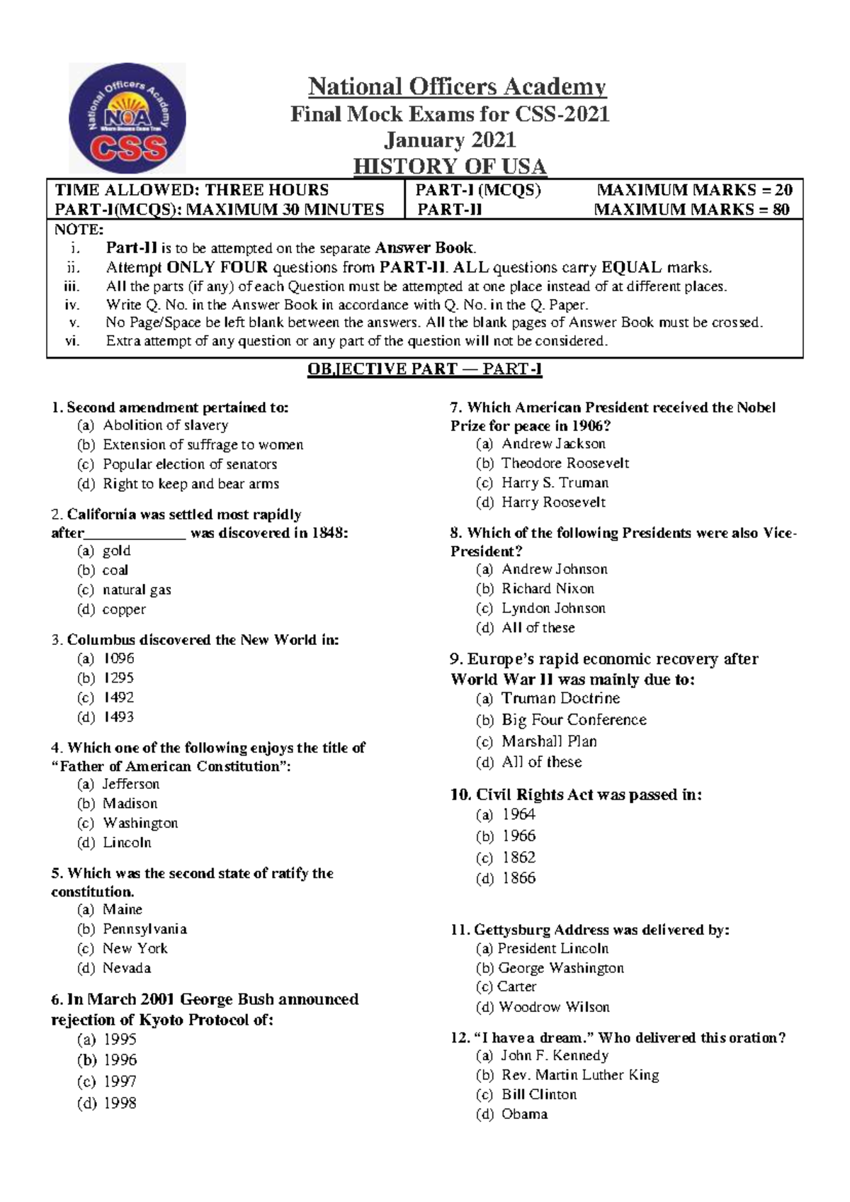 US History - Final Mock Exam January 2021 - Studocu
