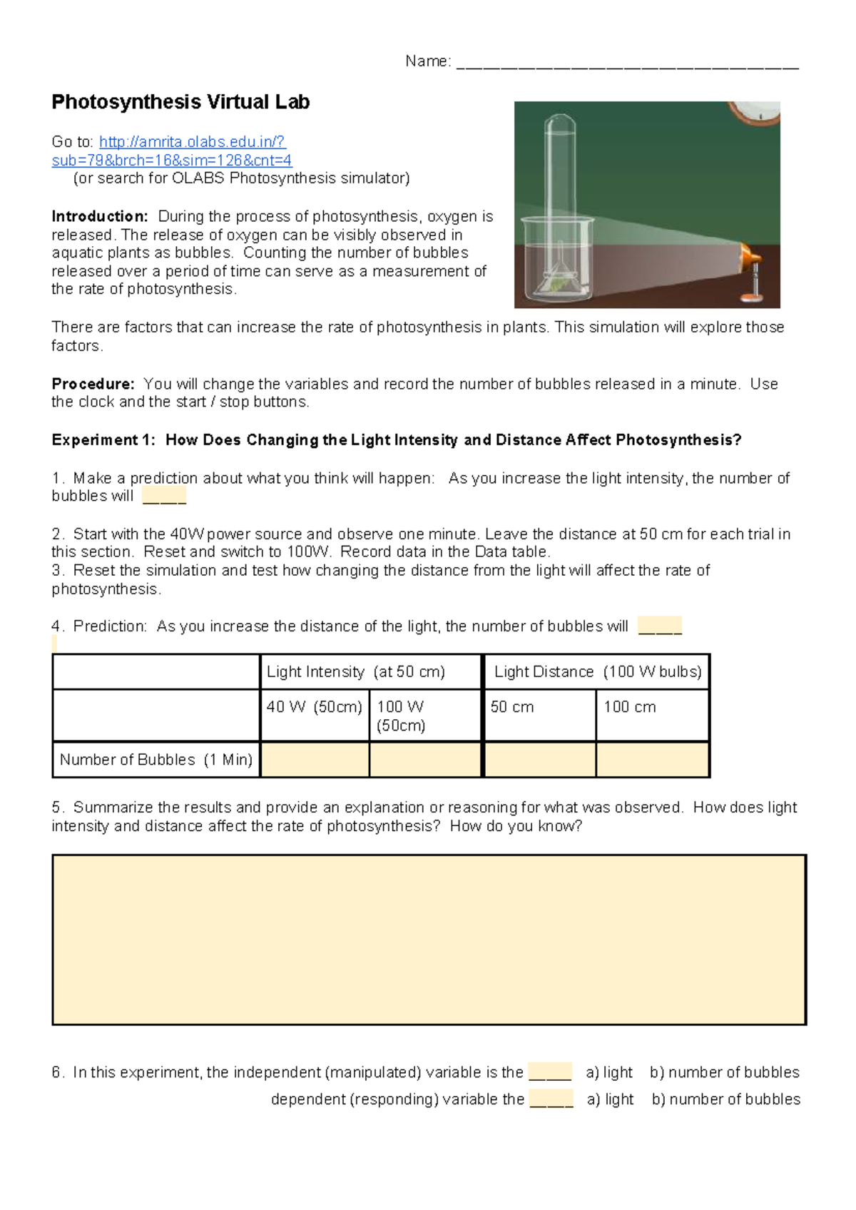 OLABS Photosynthesis Virtual Lab: Exploring Light Intensity & Distance ...