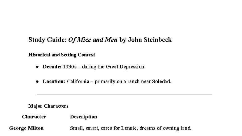 Of Mice and Men Study Guide: Historical Context & Major Themes - Studocu