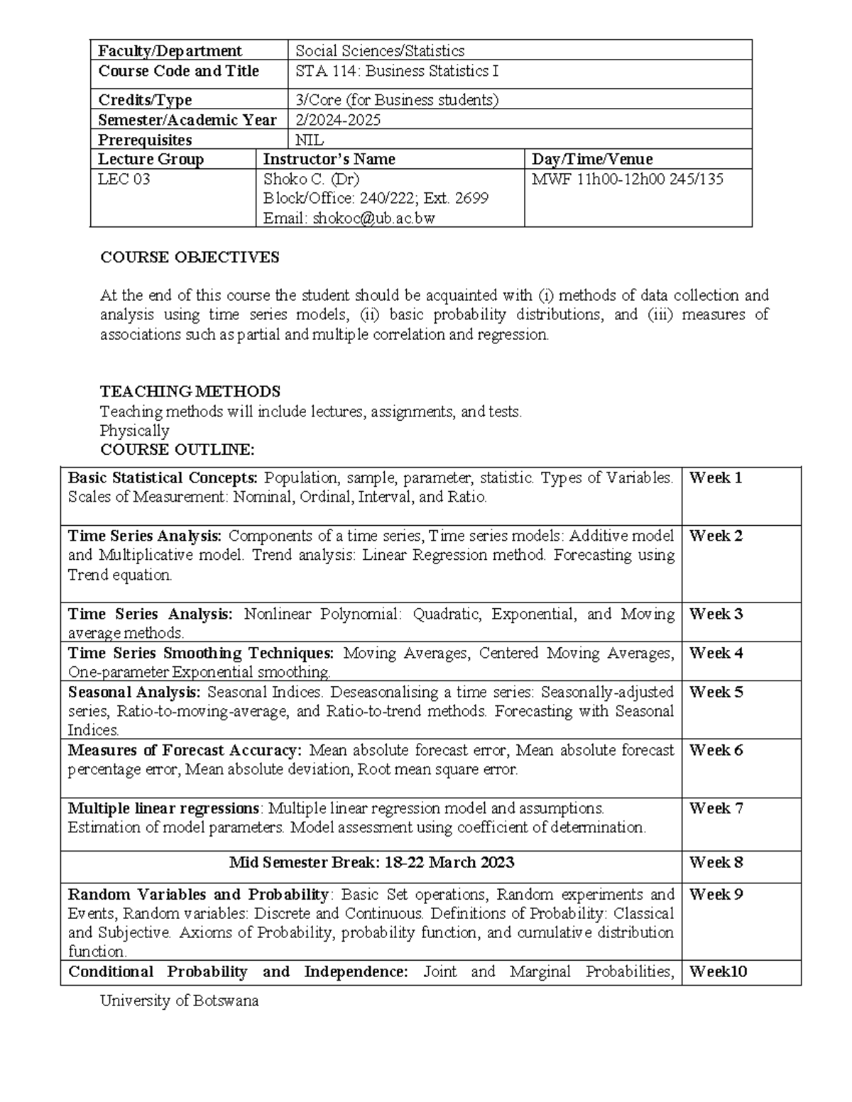 STA 114 Business Statistics I Course Outline - Semester 2, 2024-2025 - Studocu