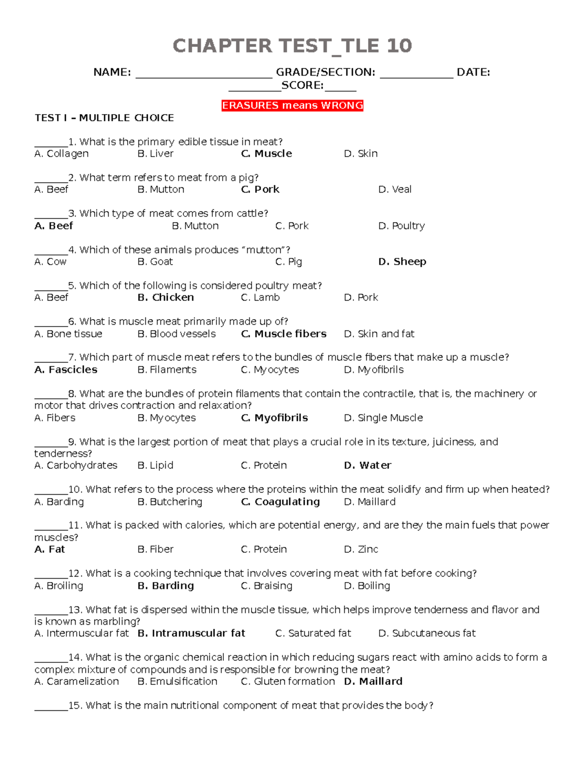 Chapter Test TLE 10: Understanding Meat Composition & Cooking ...