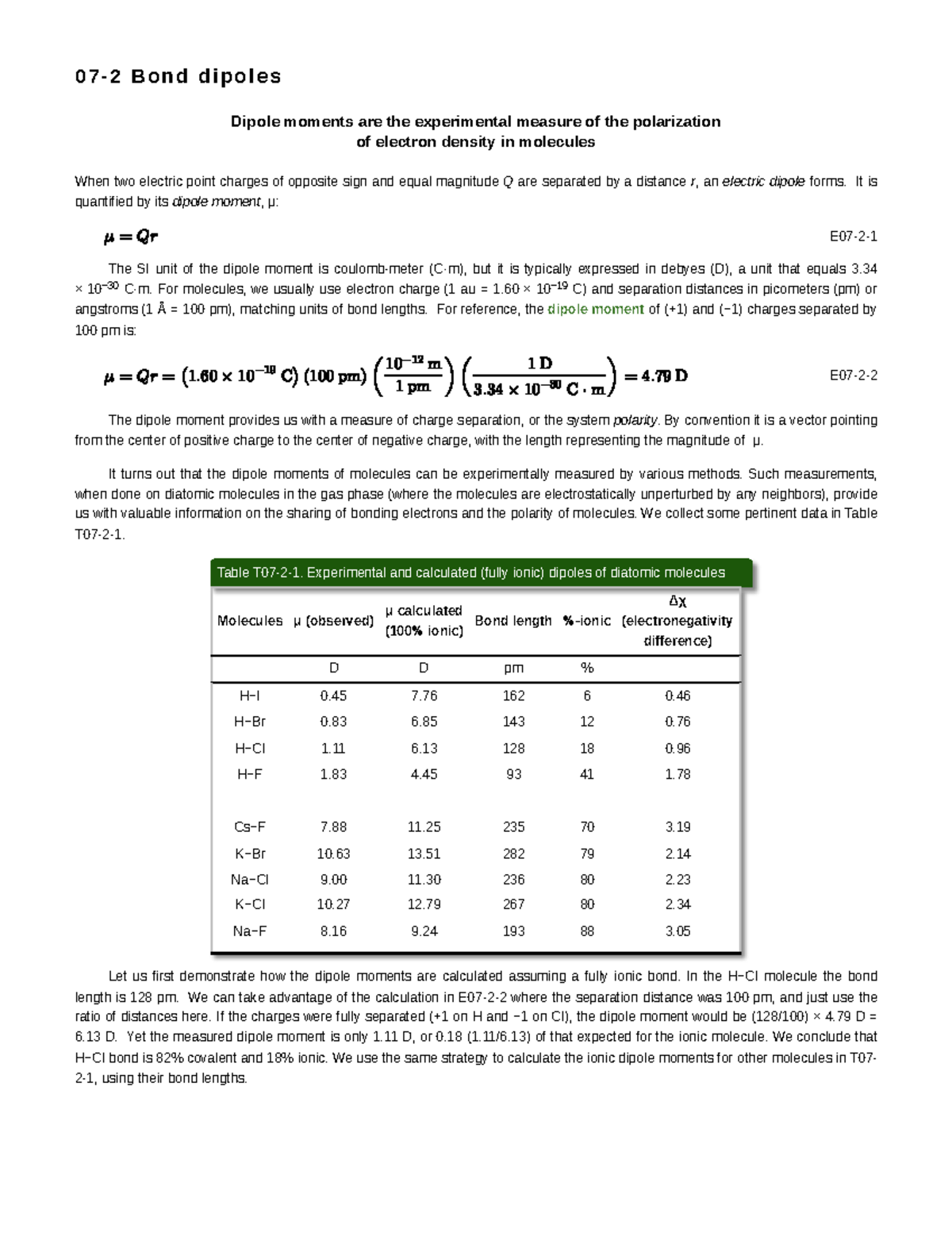 Dipole Moments and Bond Polarities: Electronegativity Analysis (CHEM ...